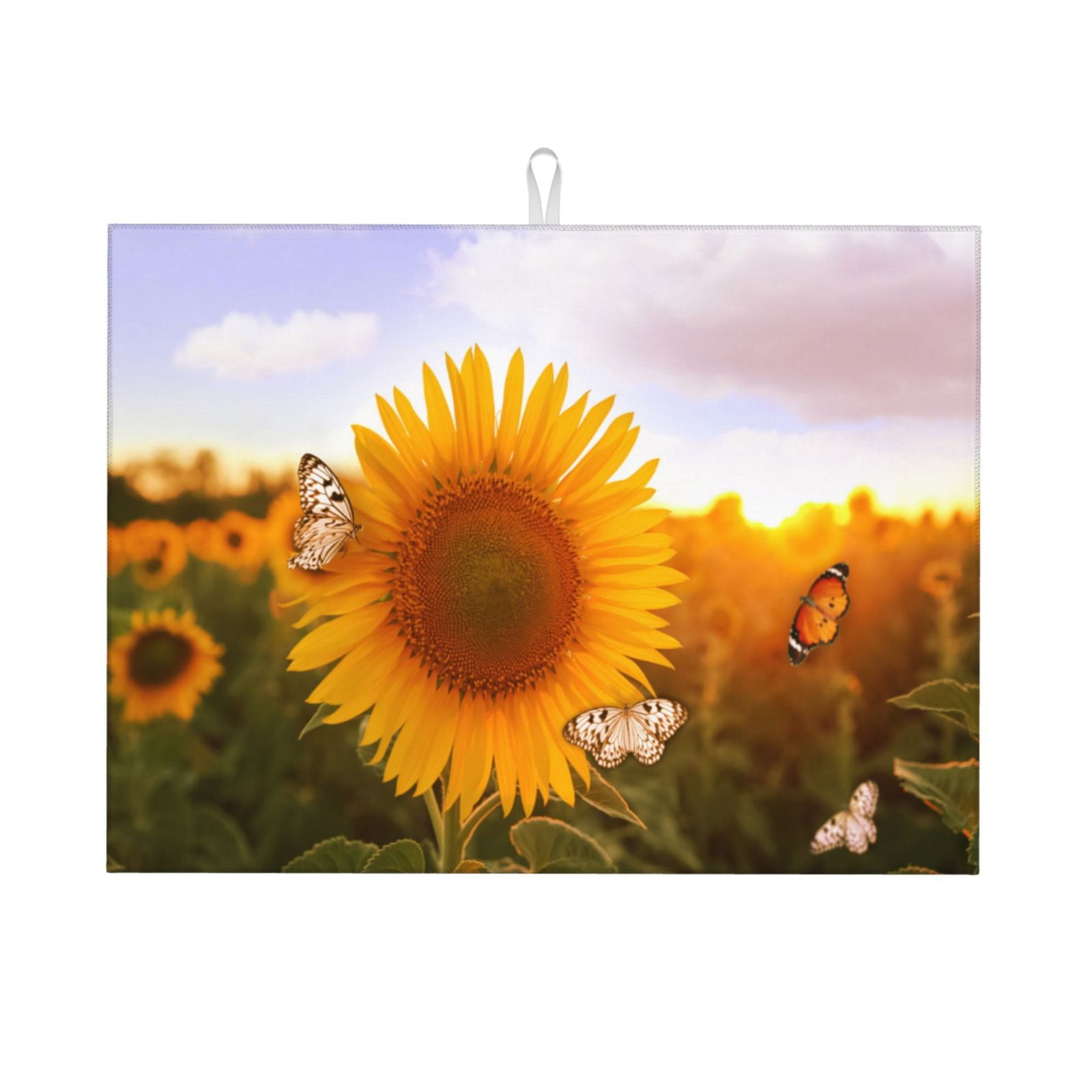 Zeuib butterflies flying near sunflower in field Print Dish Drainer ...
