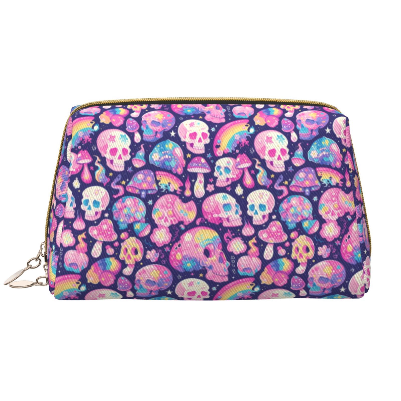 Zeuib cartoon rainbow Skull Printed Leather Makeup Bag,Cosmetic Pouch ...