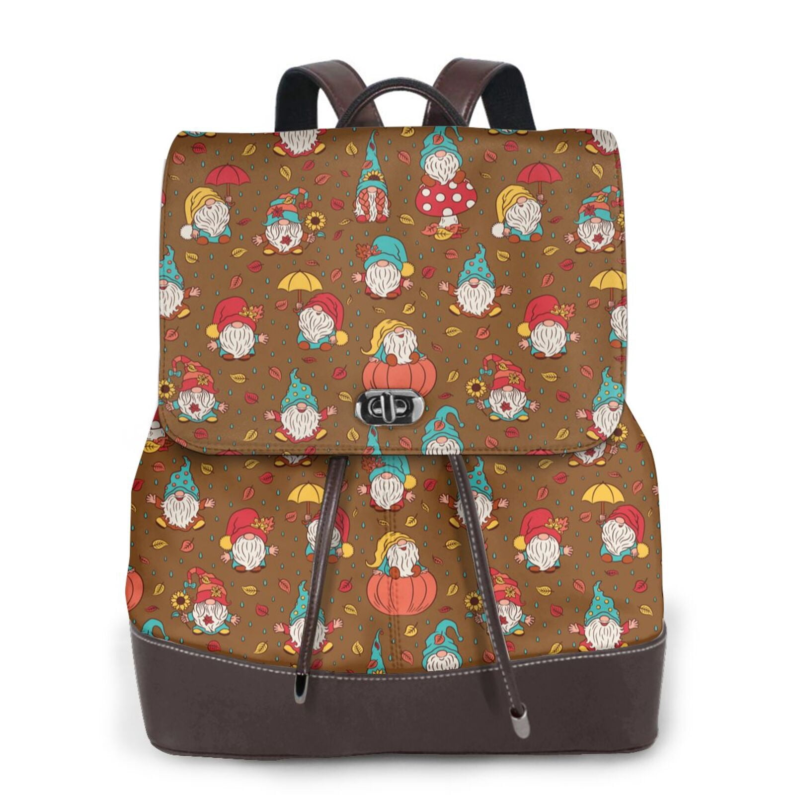 Zeuib cute gnome Pumpkin Print Leather Backpack for Women,Leather ...
