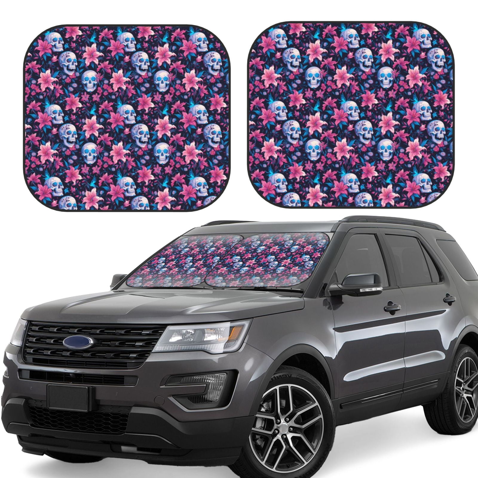 Zeuib funny Skull daisy flower Print Car Windshield Sun Shade ,2 Piece Foldable Car Front Window ...