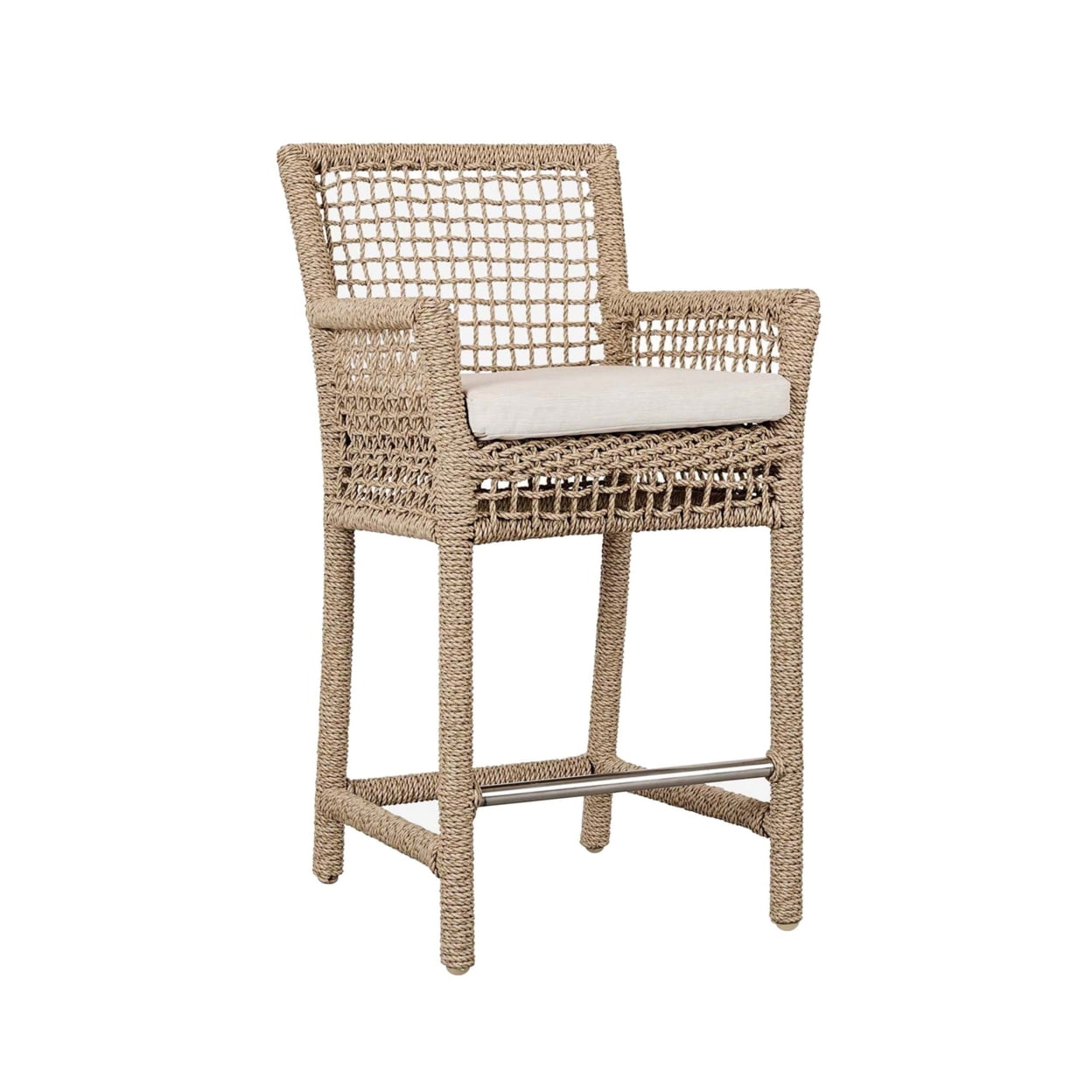 Zev 28 Inch Outdoor Counter Stool Chair, Rope Woven, Ivory Olefin Foam ...