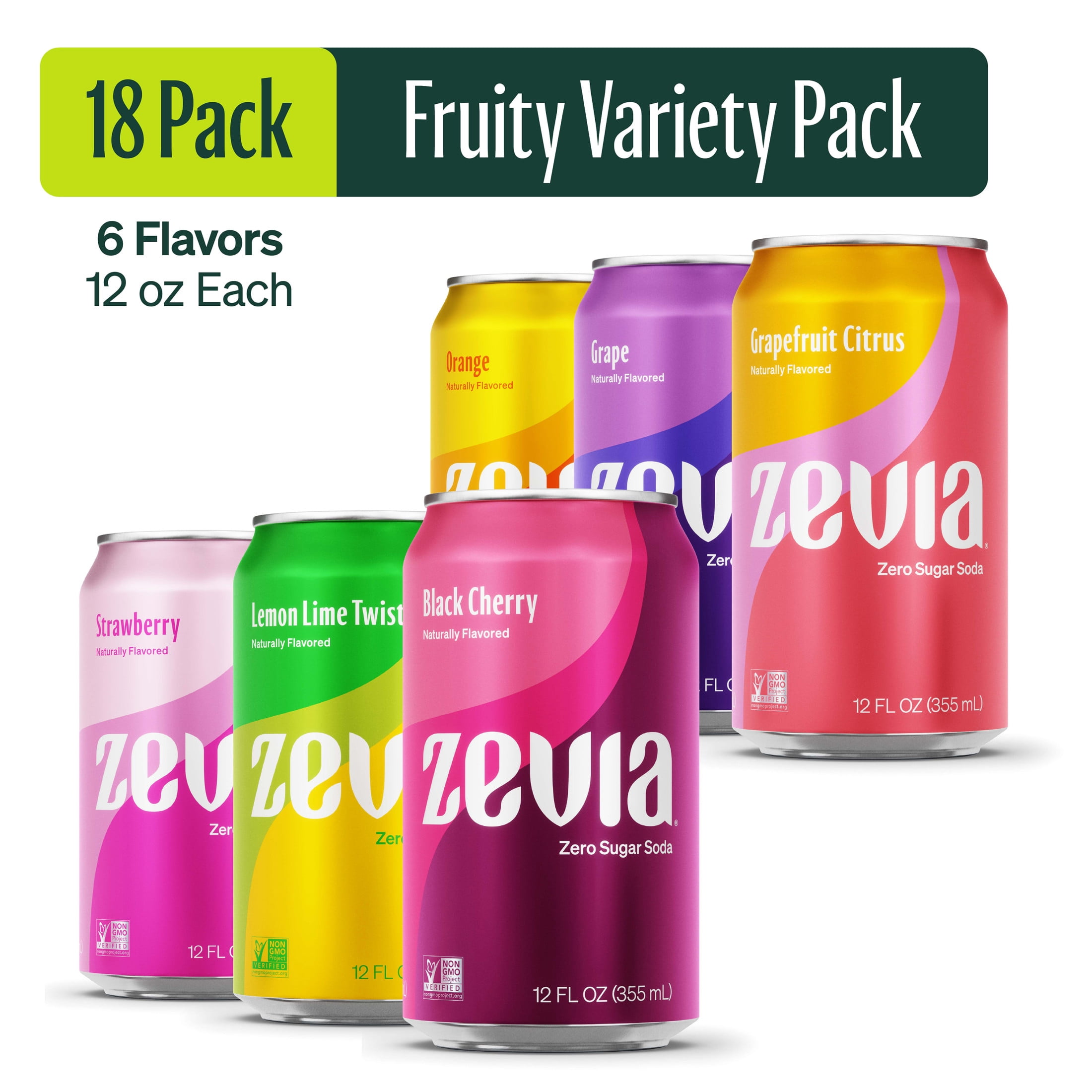 Zevia Zero Sugar, 0 Calorie, Caffeine-Free Soda Pop, Fruit Variety Pack, 12 fl oz, 18 Pack Cans ...