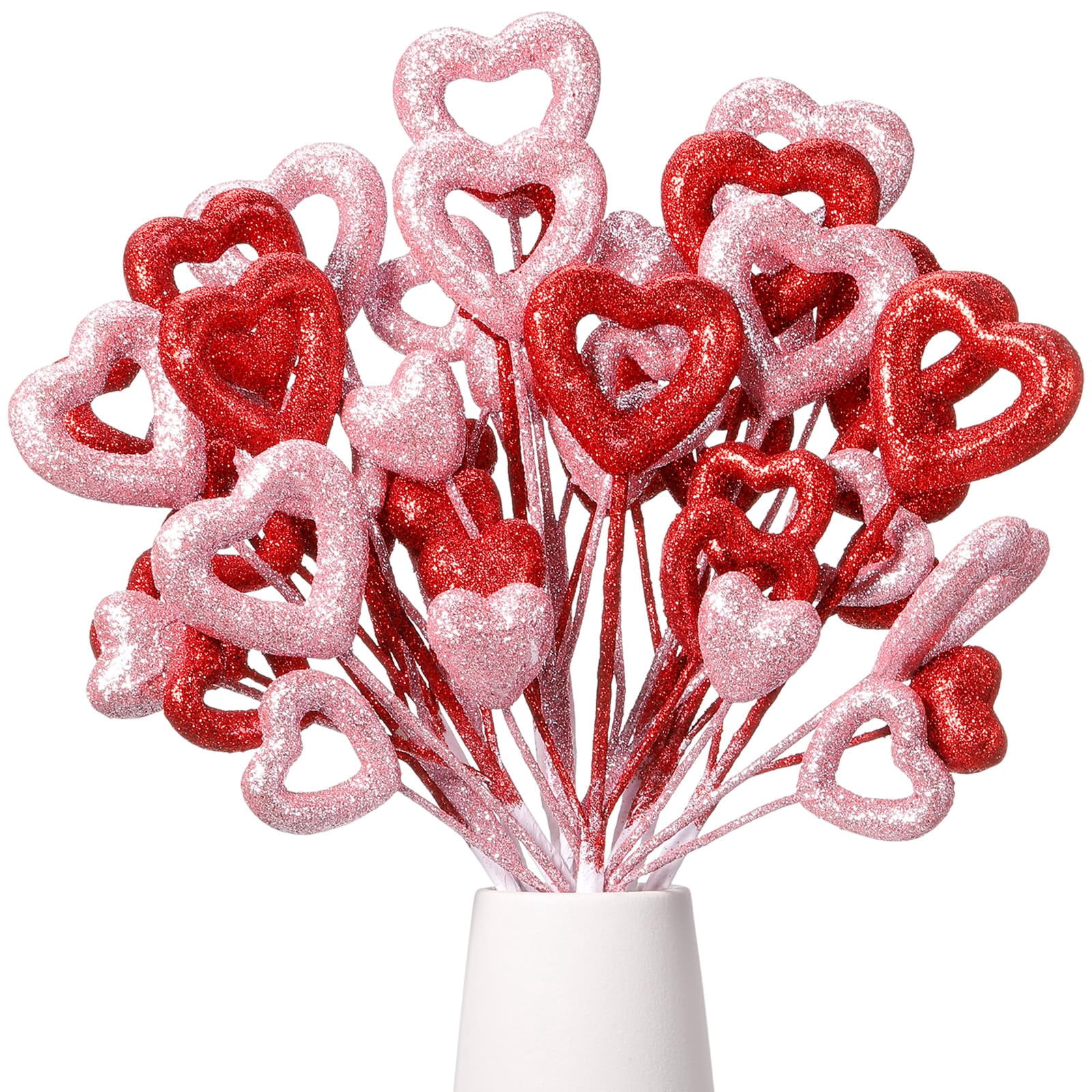 Zeyune 30 Pcs Valentine's Day Glitter Red Pink 3D Heart Picks, Large ...