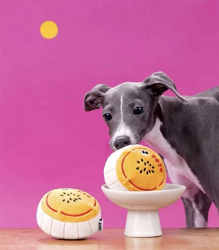 Zeze Plush Squeaky Mooncake Shaped Dog Toy With Treat Dispenser ...