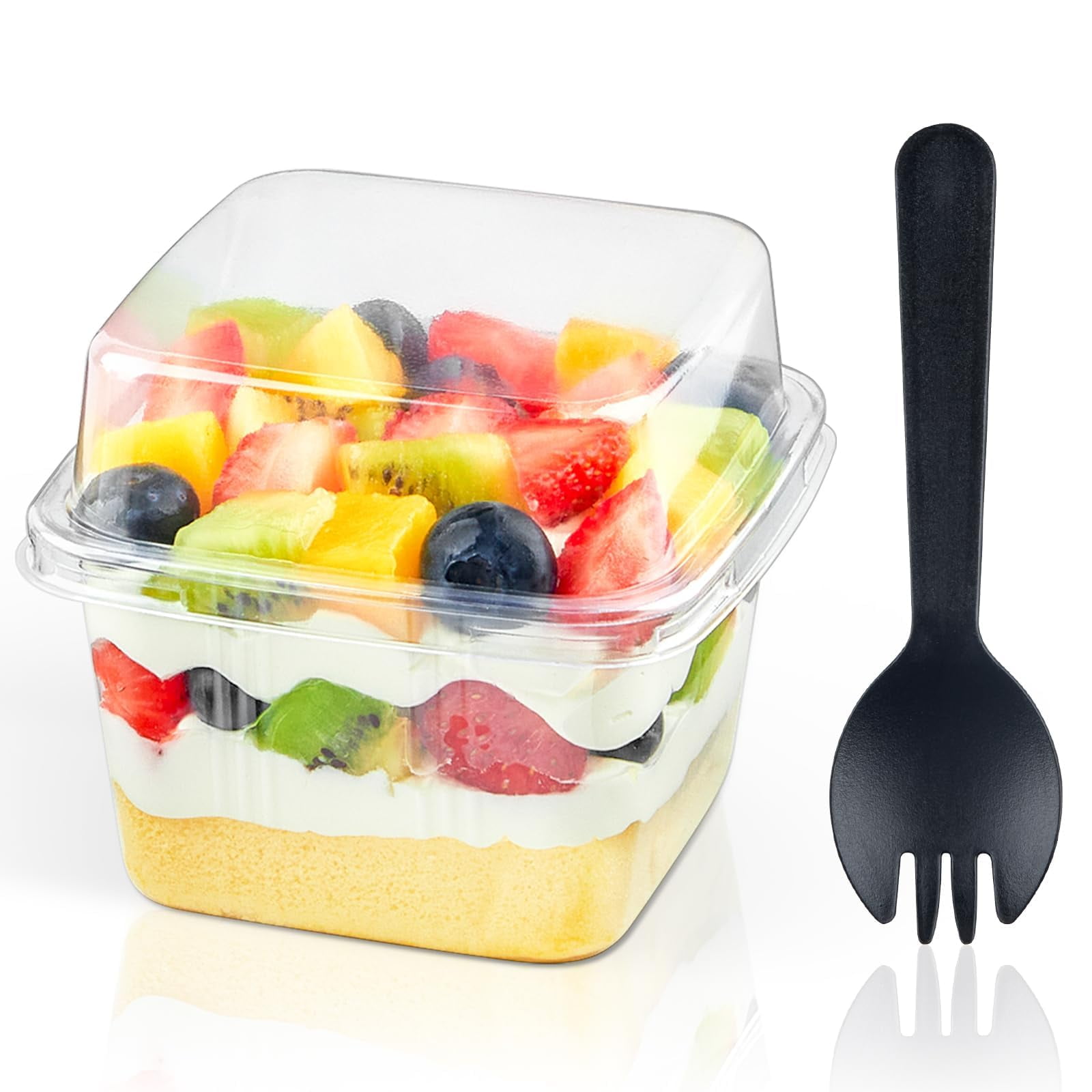 Zezzxu 100 Pack 8 oz Plastic Dessert Cups with Lids and Sporks, Square ...