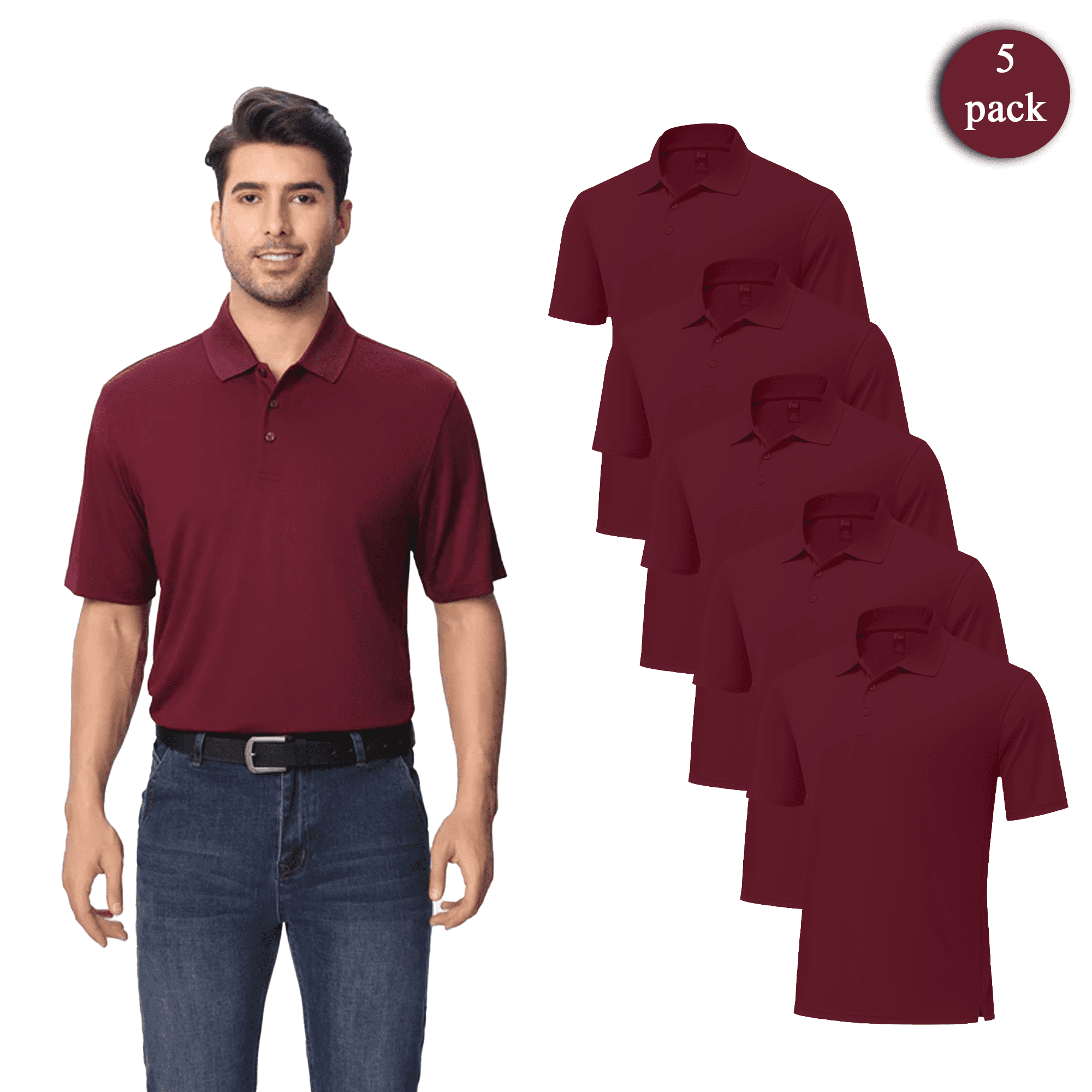 Zfeel Men's Full Polyester Dry Fit Polo Shirts, 5-Pack Maroon, UV ...
