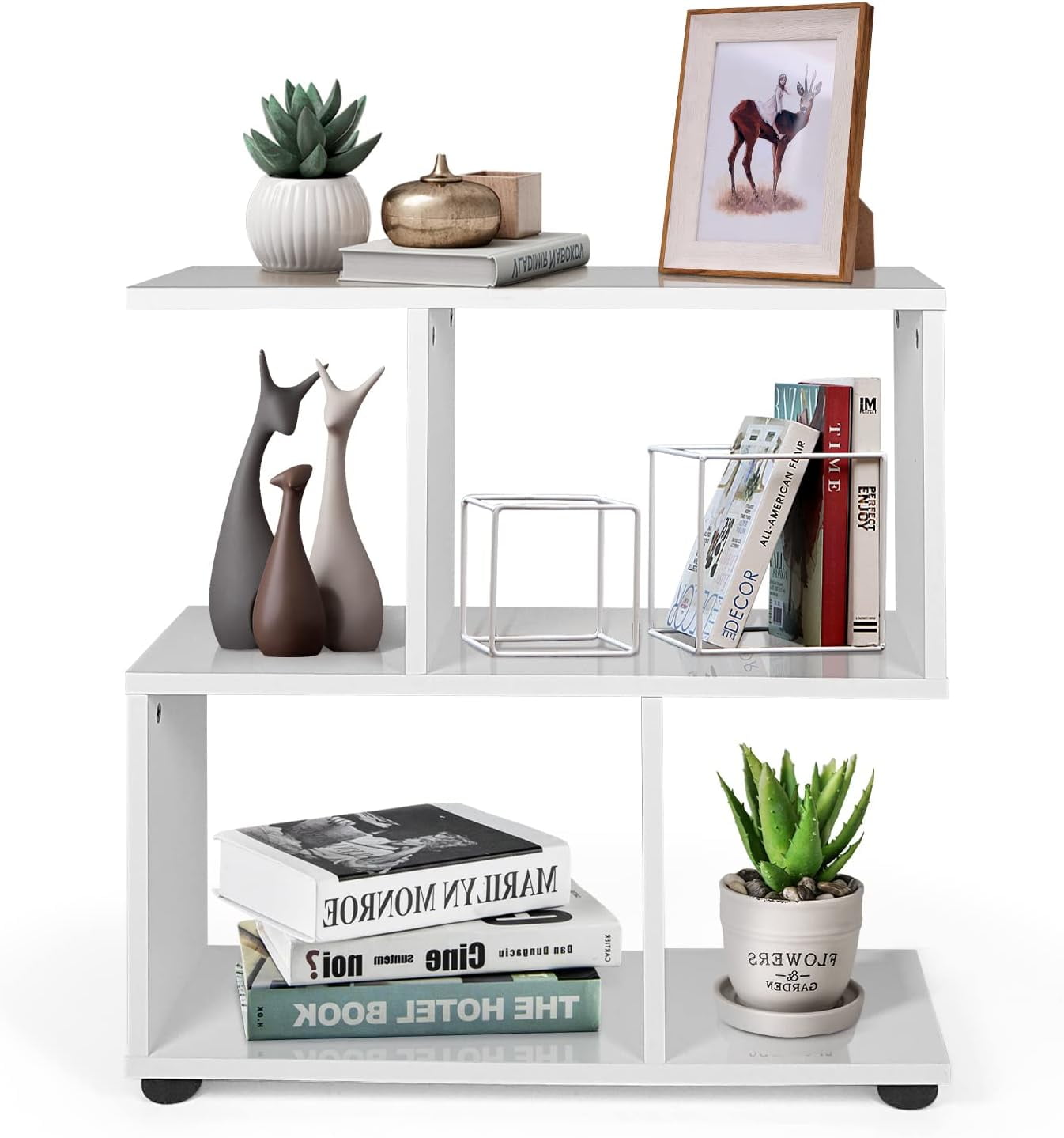 ZgoodZ 3-Tier Geometric Bookshelf, 24’’ Tall Wood S-Shaped Display ...
