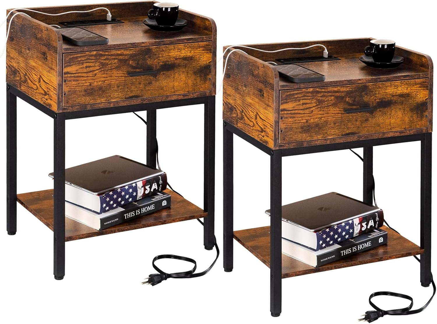 ZgoodZ Nightstands Set of 2 with Charging Station and USB Ports, 3-Tier ...