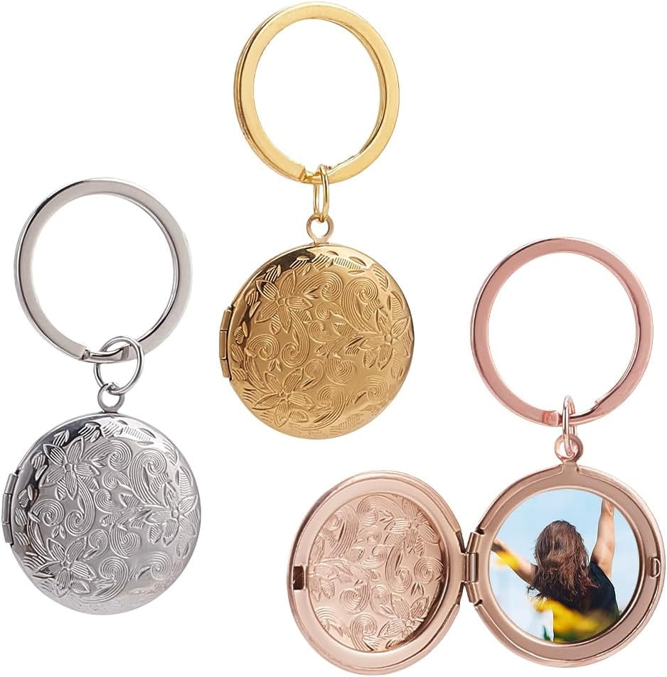 Zgui 3 Pack Round Photo Locket Keychain, Silver Gold Rose Locket Key ...