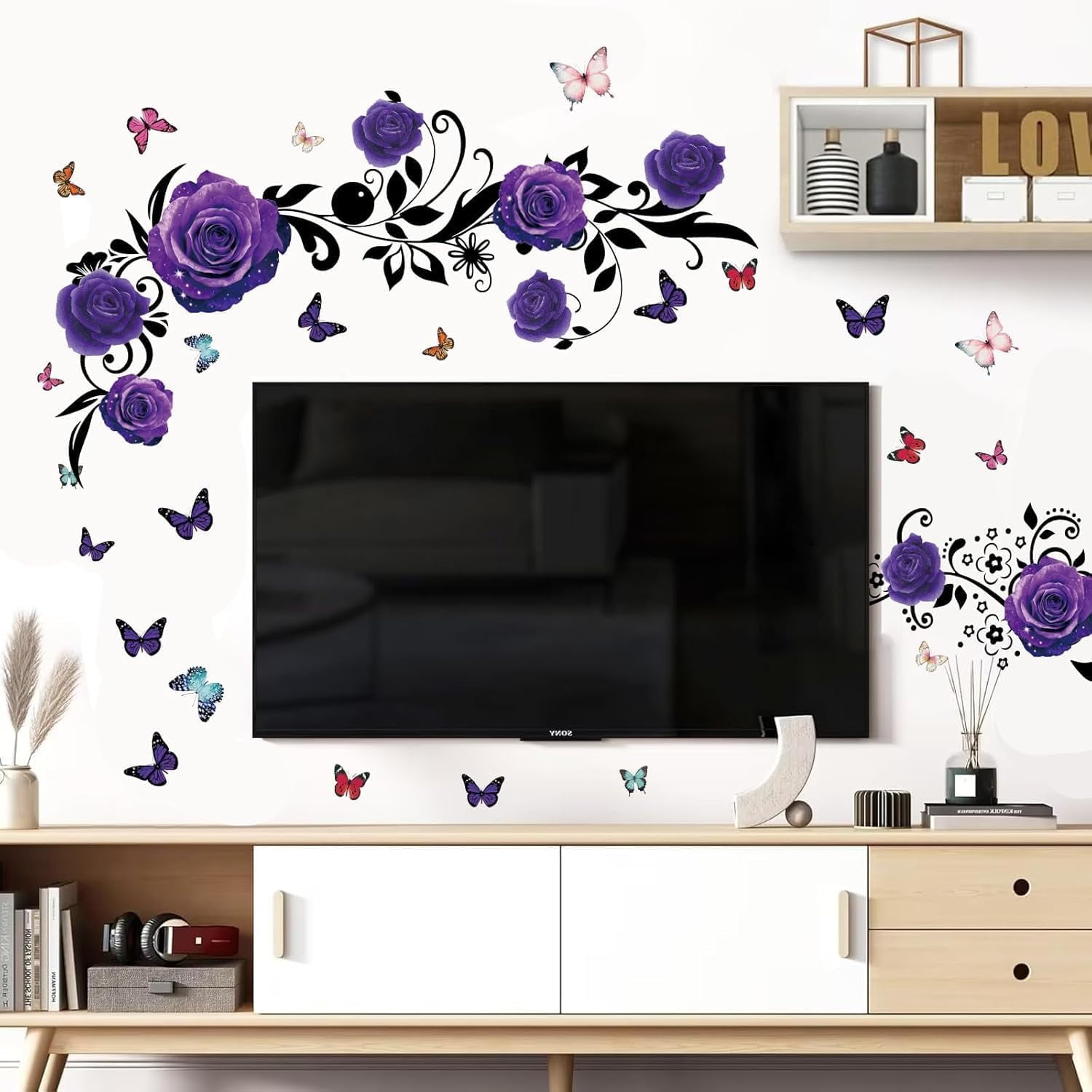Zgui Purple Rose Black Vine Wall Art Decals Watercolor Floral Butterflies Wall Stickers for ...