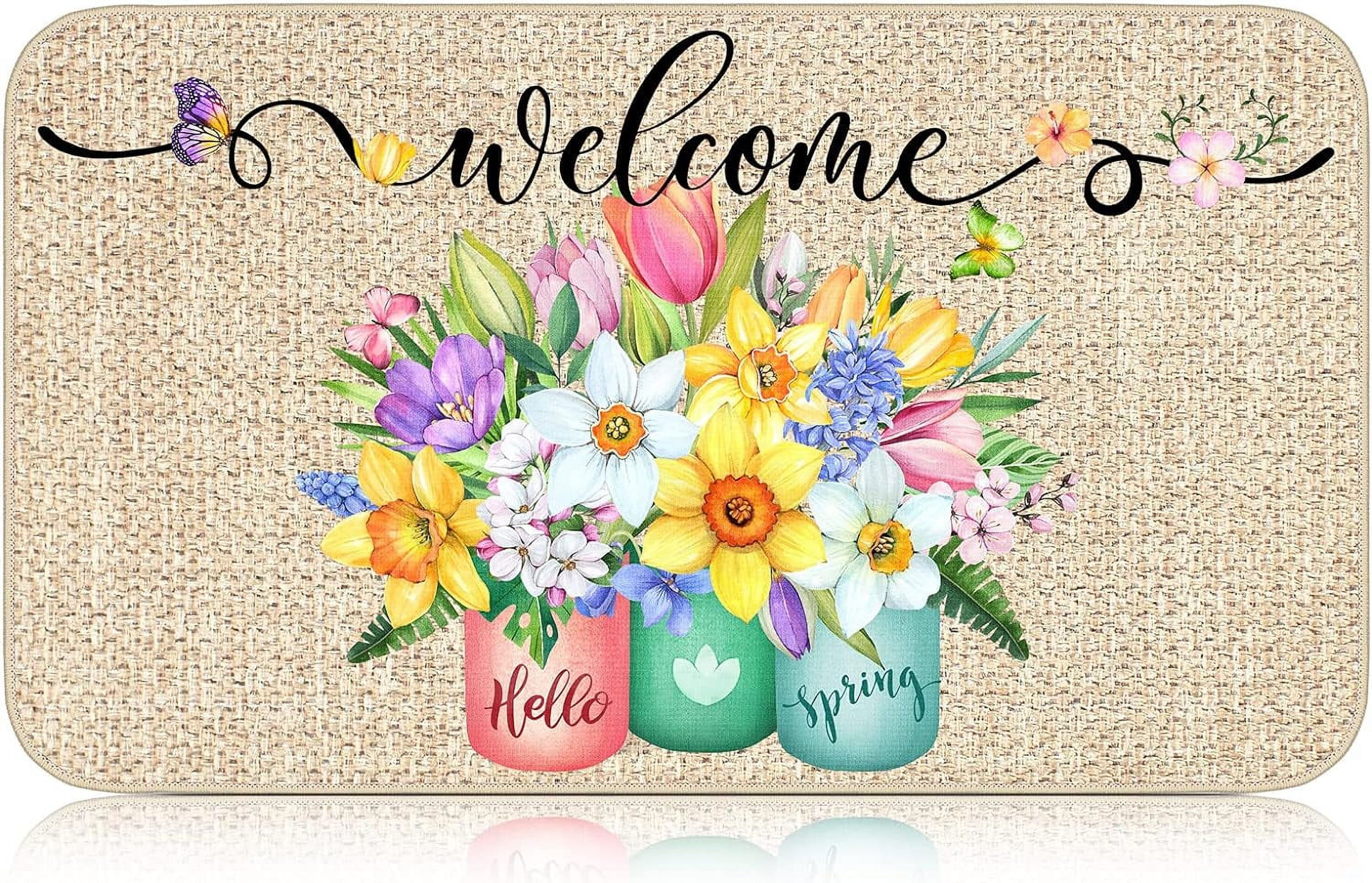 Zhanmai Spring Welcome Mats Hello Spring Floral Door Mat Colorful Tulip ...