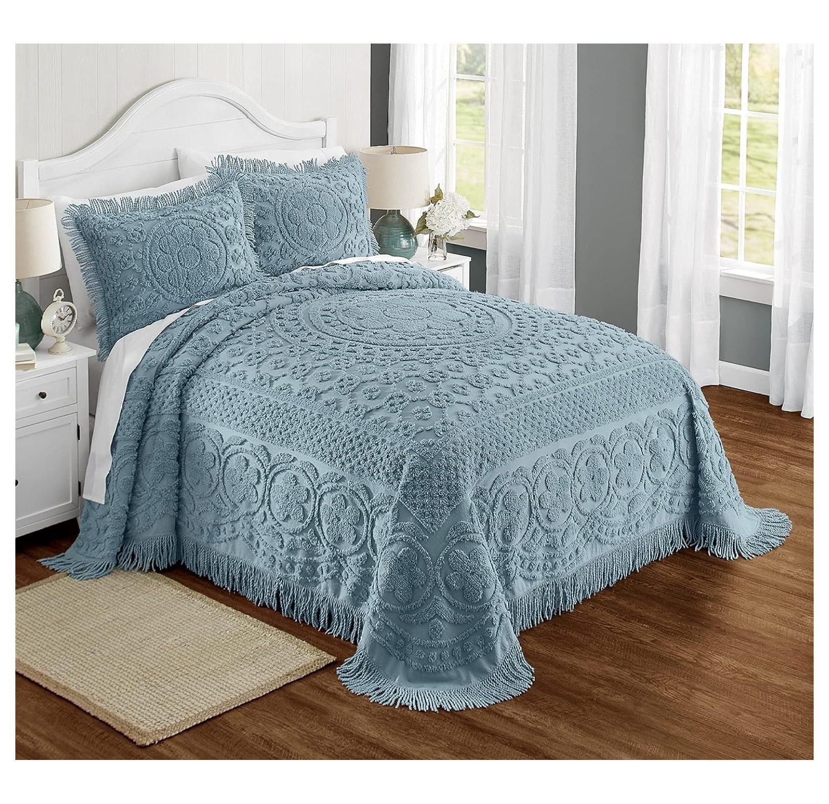 Zhao he Emily Floral Chenille Bedspread, Soft Cotton Comforter, Size Quilt in Blue - Luxury ...