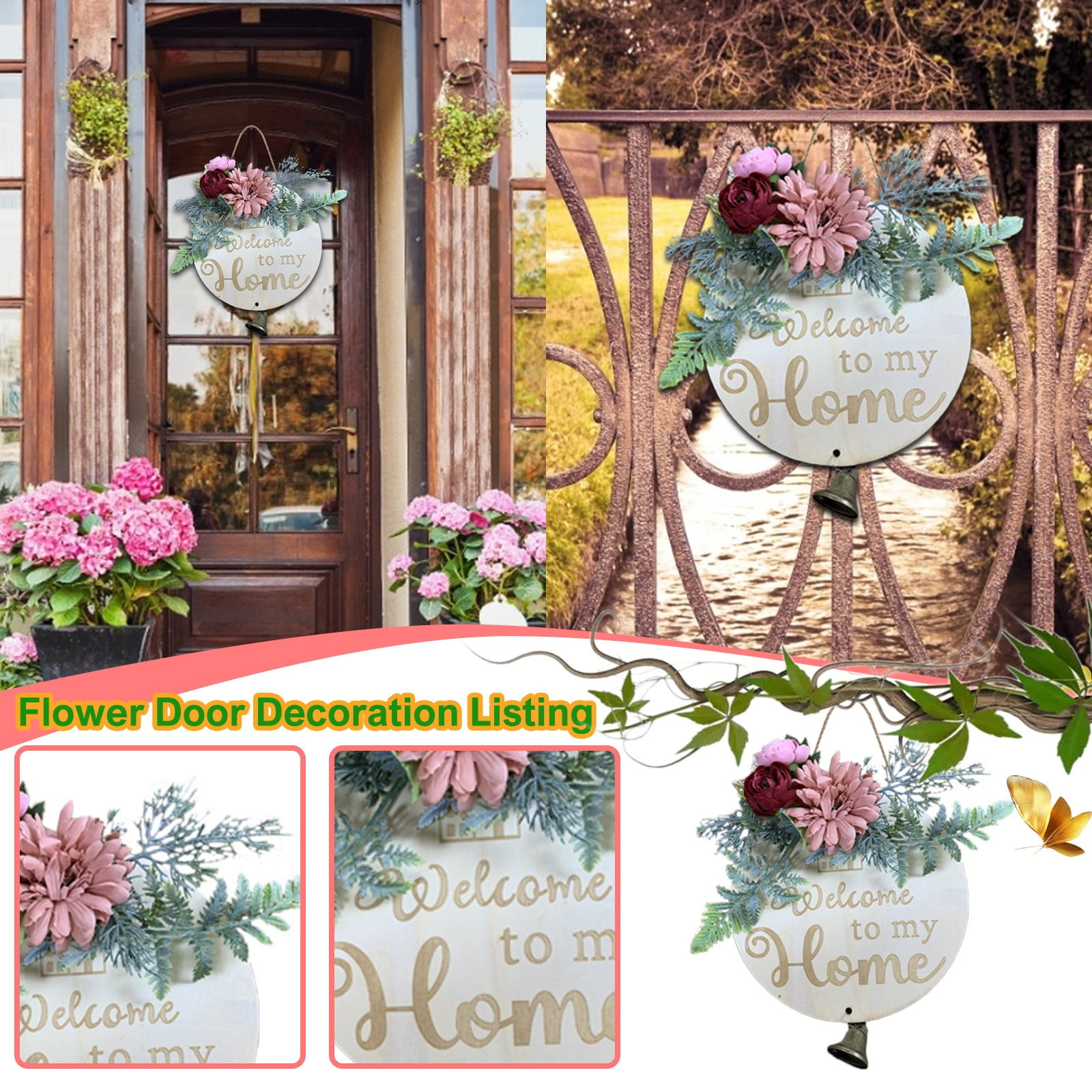 Zhaox Hangs Welcome Sign Wood Flower Spring Door Sign Wedding Door Sign ...