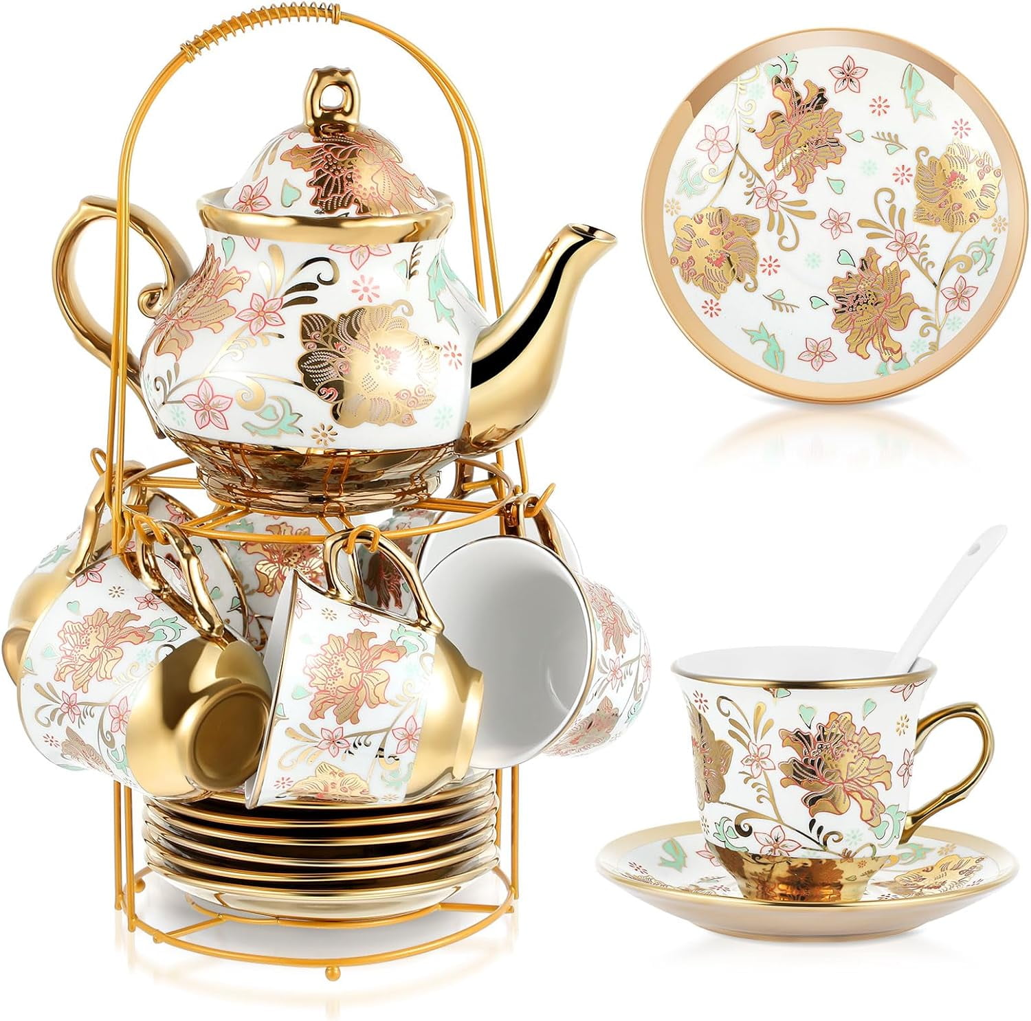 Zhehao 20 Pcs Porcelain Tea Set with Metal Holder and Spoon Adult ...