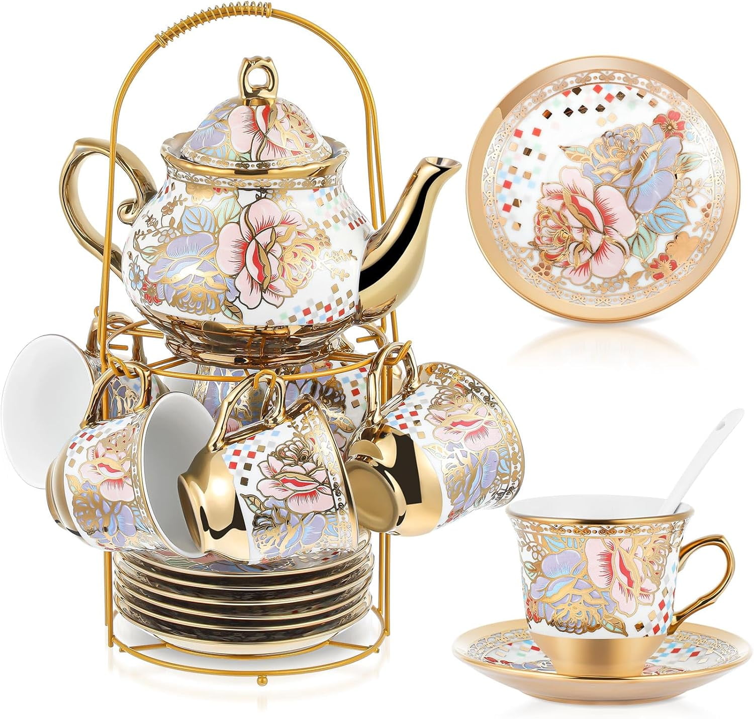 Zhehao 20 Pcs Porcelain Tea Set with Metal Holder and Spoon Adult ...