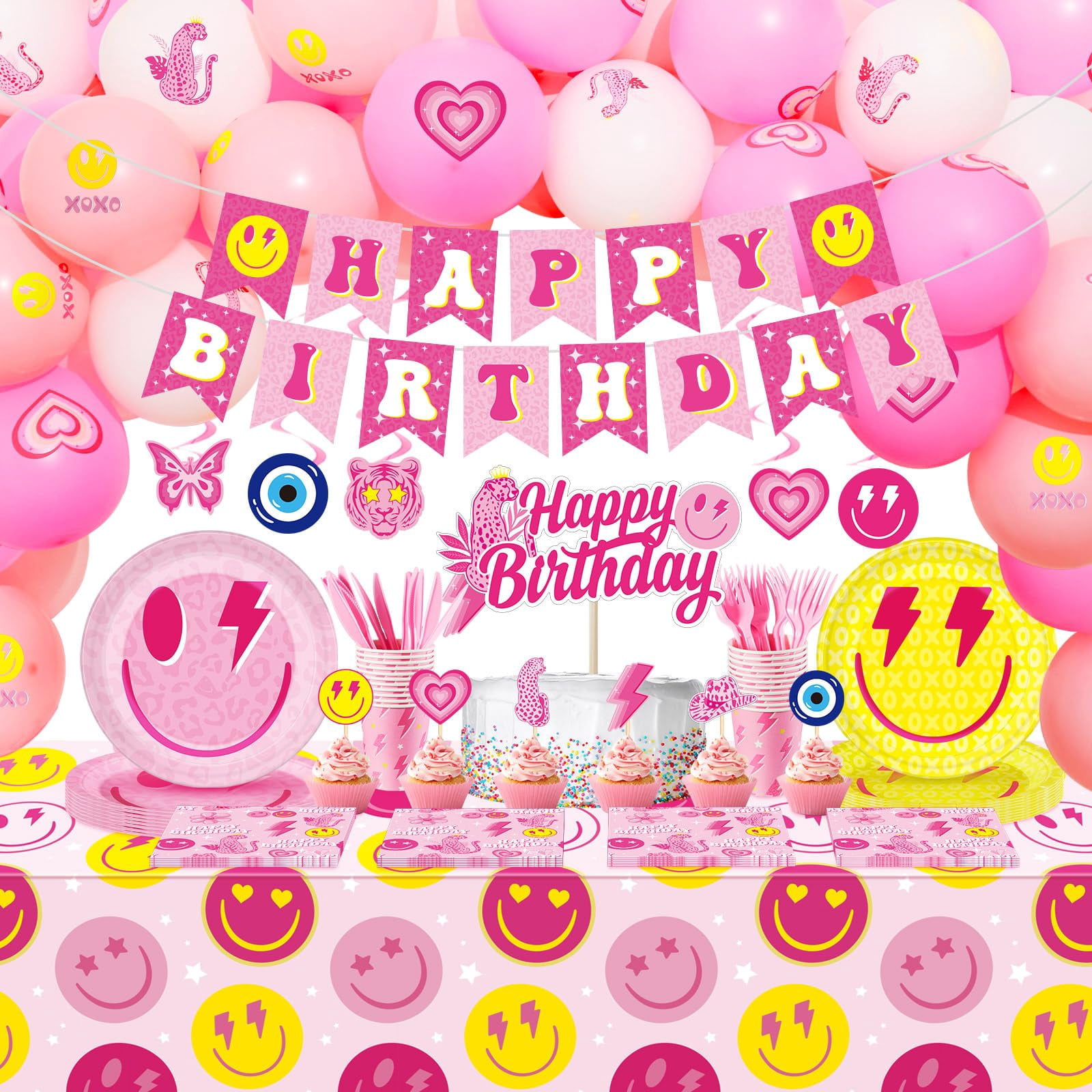 Zhehao 227 Pcs Preppy CM31 Party Decorations Pink Smile Face Tableware ...