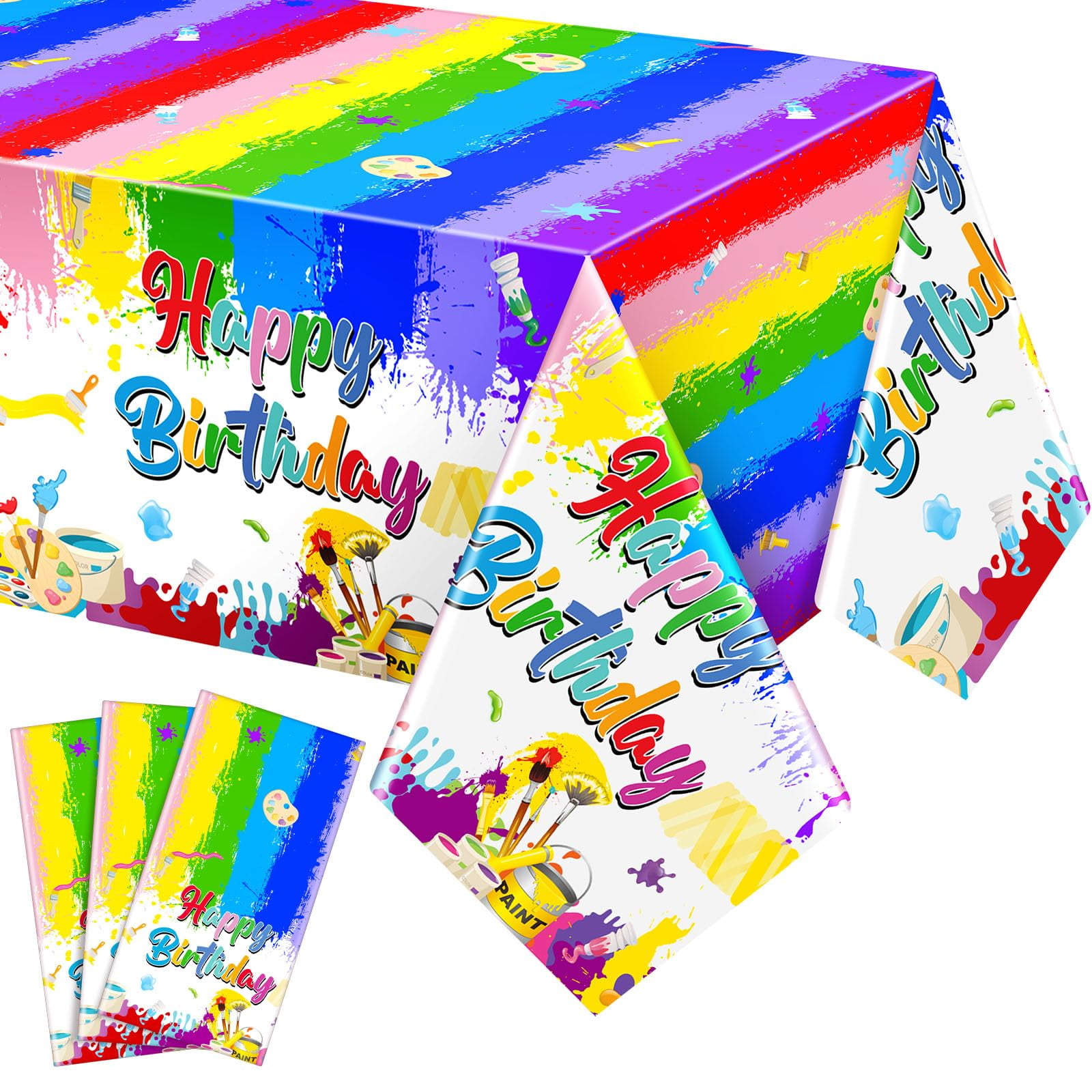 Zhehao 3 Pcs Art Paint Party Tablecloths Happy Birthday Table Cover ...