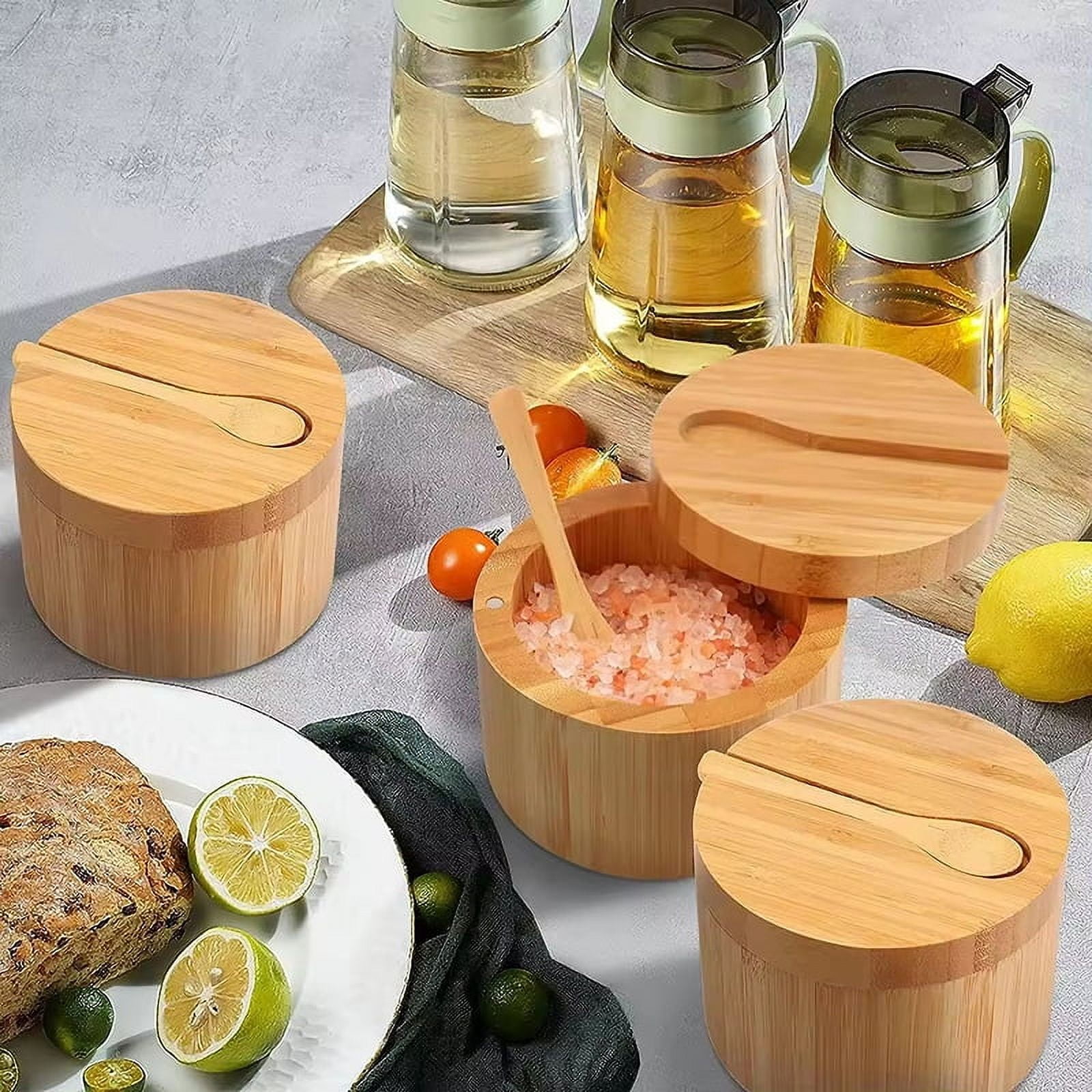 ZhengYuHao Bamboo Salt Cellar With Mini Spoon Kitchen Salt Box With Lid ...