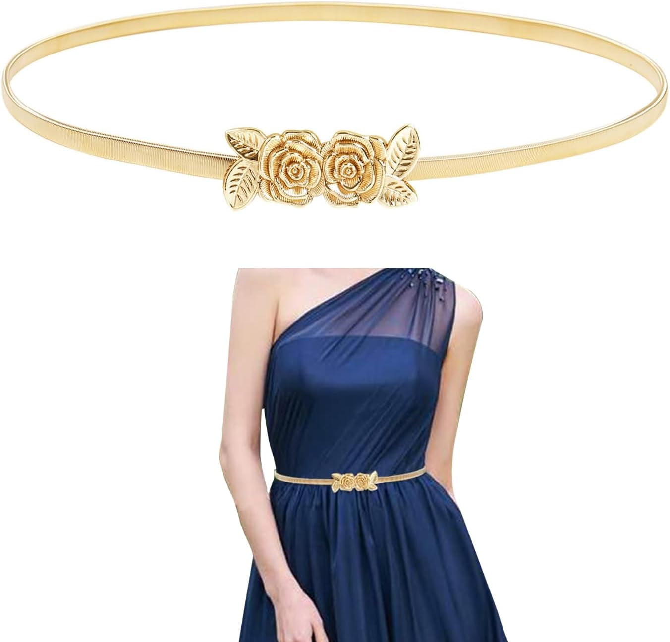Zhengup E-Clover Vintage Women Gold Metal Skinny Elastic Rose Buckle ...