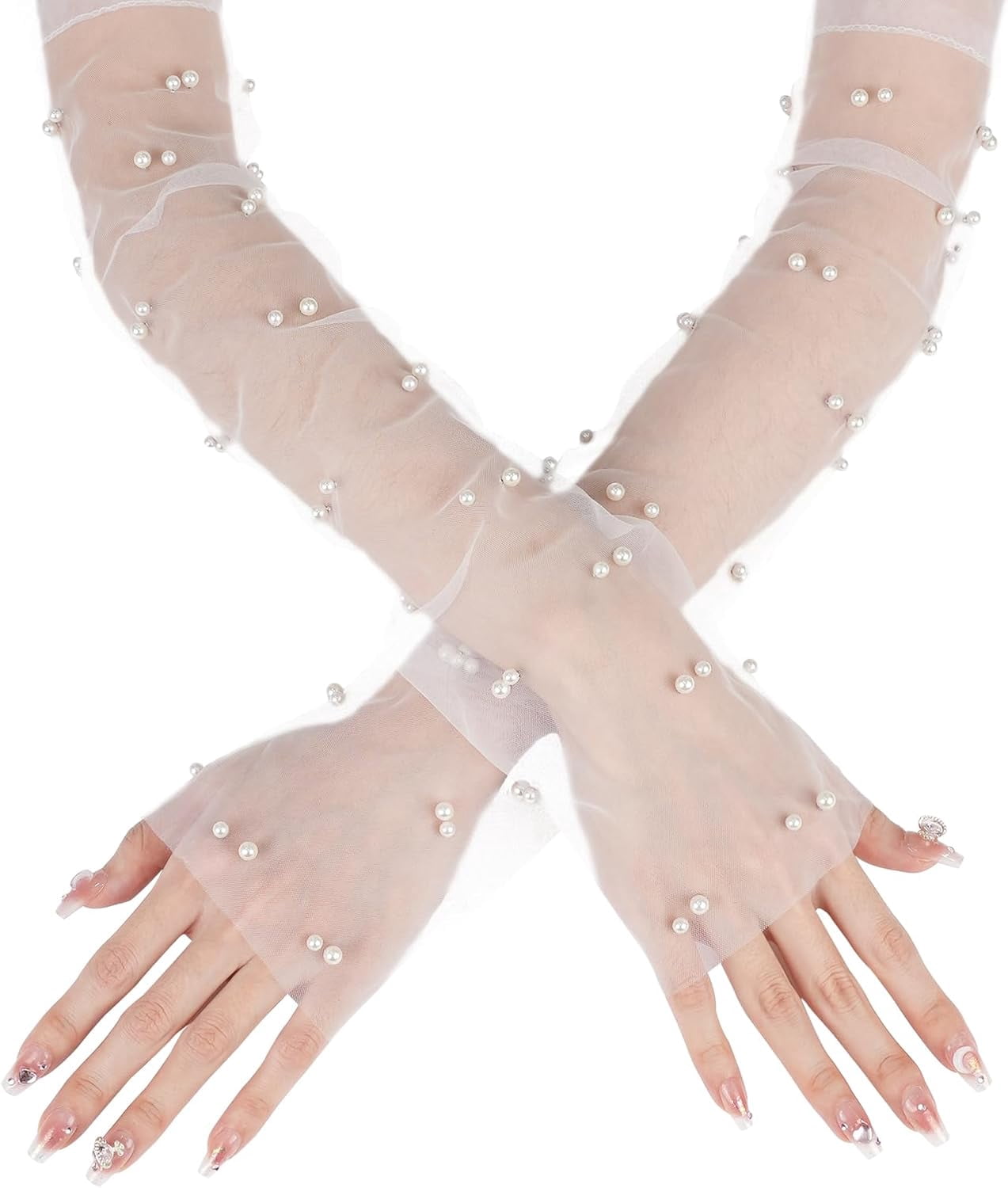 Zhengup White Lace Sheer Gloves, Tulle Gloves, Bridal Gloves with Pearl ...