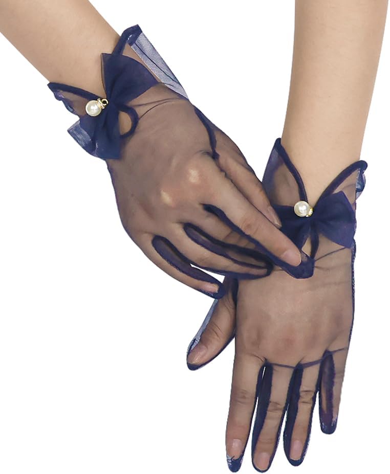 Zhengup Women Bow Tulle Gloves with Pearls Short Mesh Tea Party Gloves ...