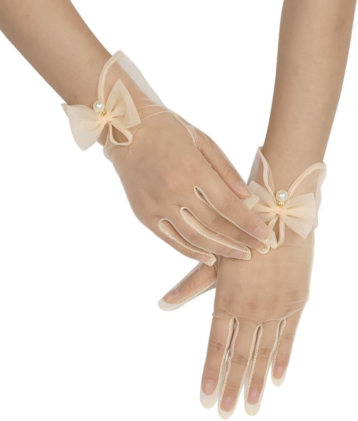 Zhengup Women Bow Tulle Gloves with Pearls Short Mesh Tea Party Gloves ...
