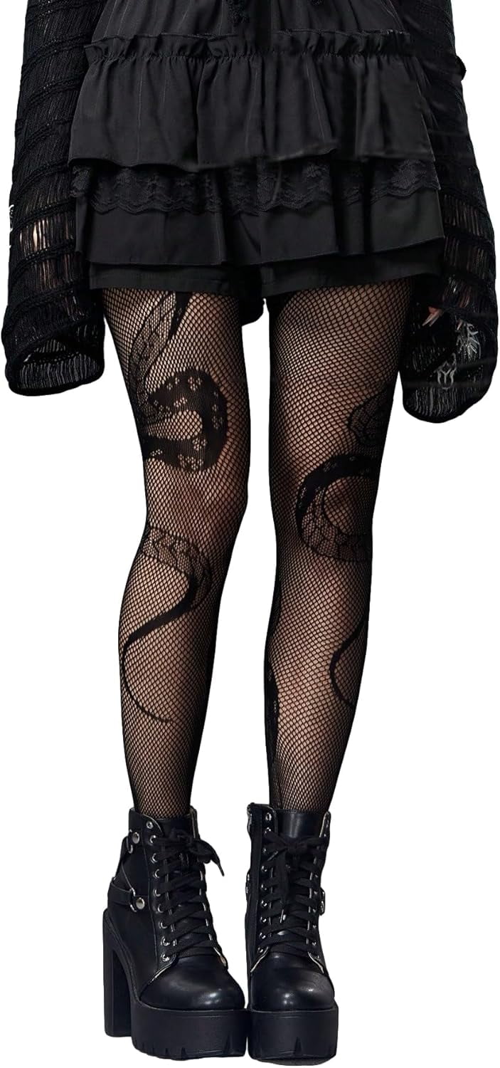 Zhengup Women's Mesh Sheer Fishnet Tights Goth Snake Print Stockings ...