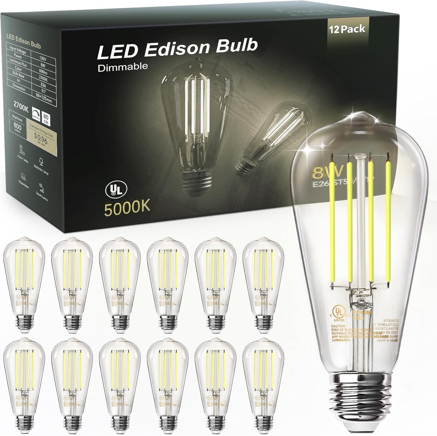 Zhenhe12 Pack Vintage Edison Led Light Bulbs, Dimmable, 60W Equivalent ...