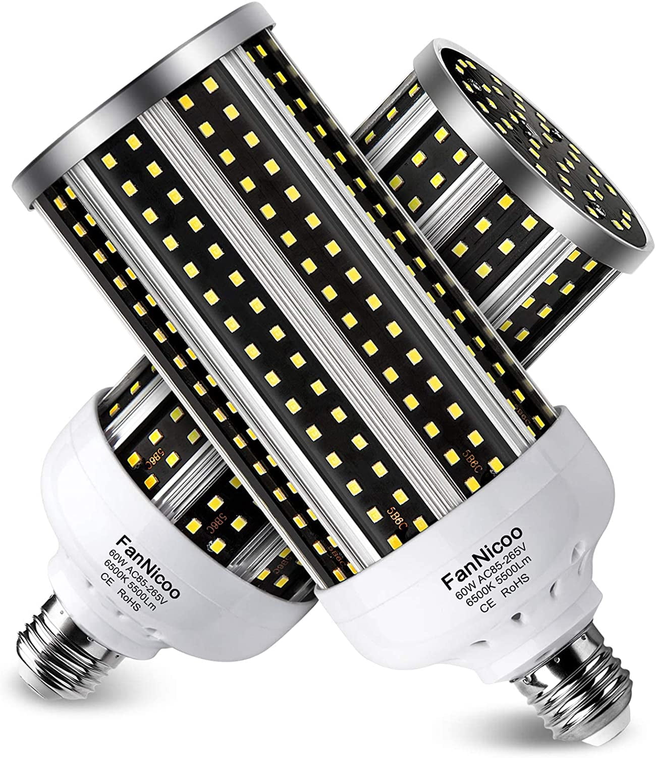 Zhenhe2 Pack 500W Equivalent Led Corn Light Bulb Black 5500 Lumen 6500K 60W Large Area Cool ...
