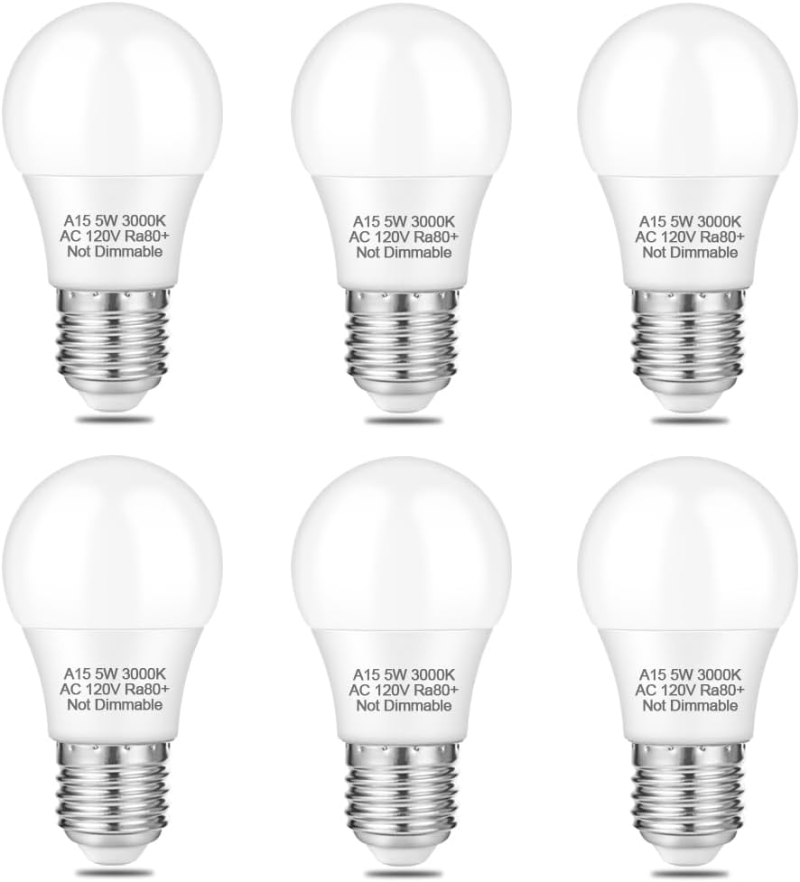 Zhenhe6 Pack A15 5W 120V E26 Base Led Refrigerator Light Bulb, Non-Dimmable 50W Equivalent 3000K ...