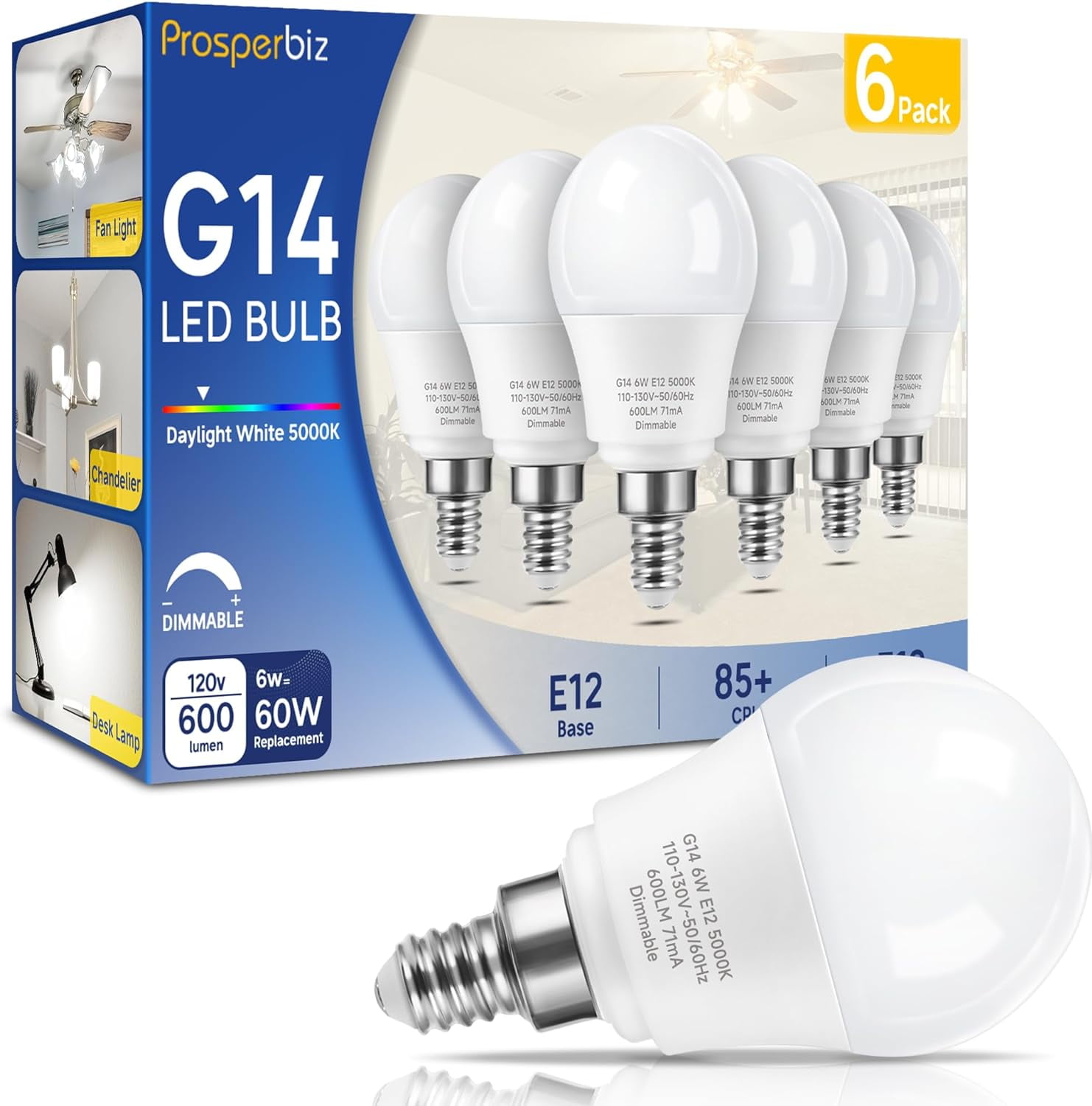 ZhenheE12 Dimmable 6 Watt (60W Equivalent) Led Light Bulbs, G14 Ceiling ...