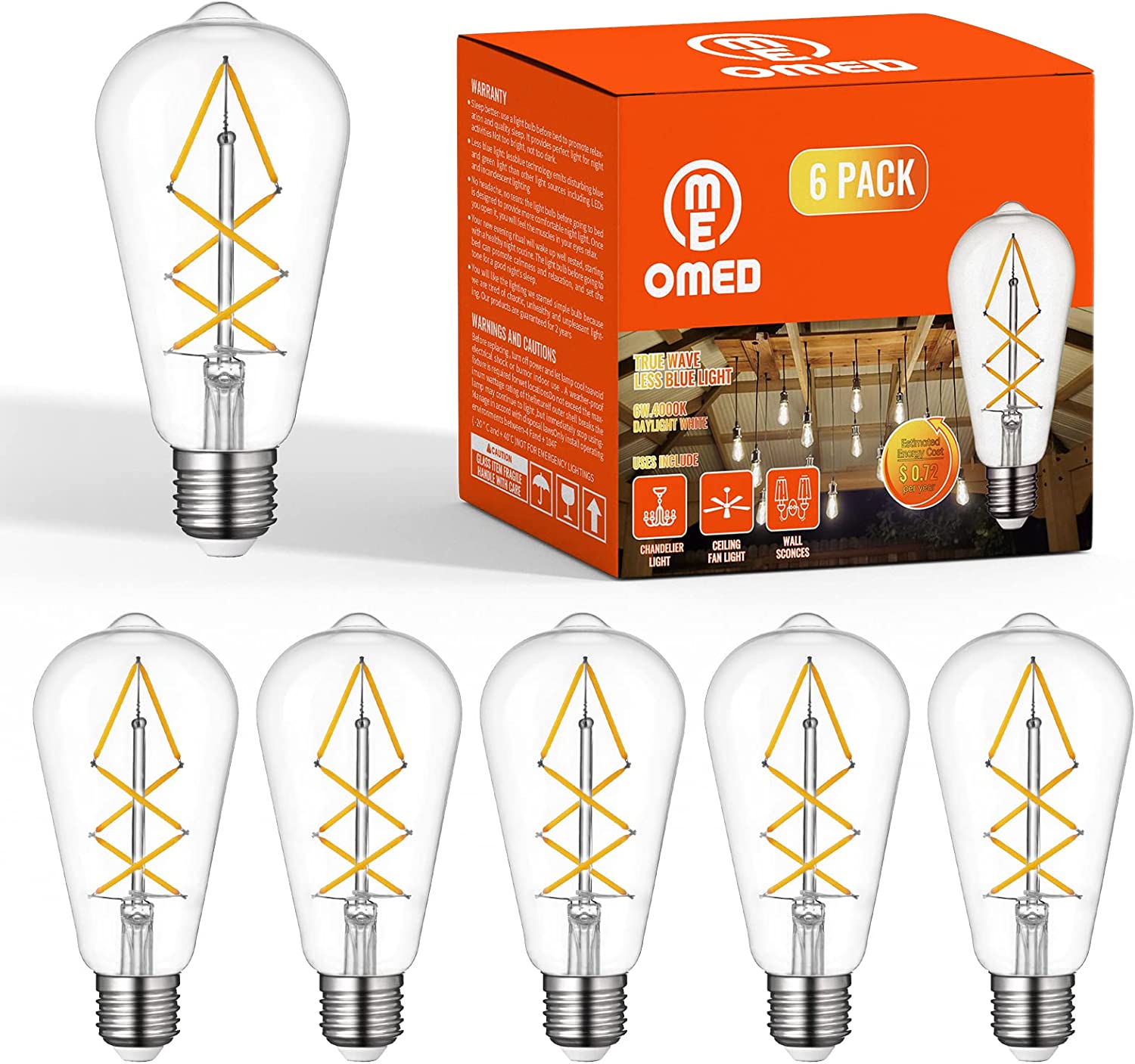 ZhenheFishbone Filament Led Edison Bulbs, 60 Watt Equivalent St64 E26 ...