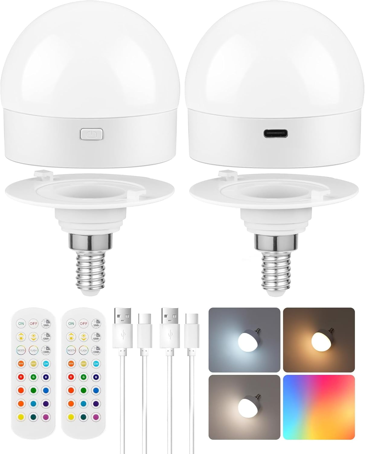 ZhenheRechargeable Light Bulbs With Remote Control, 2 Pack E12 Battery ...