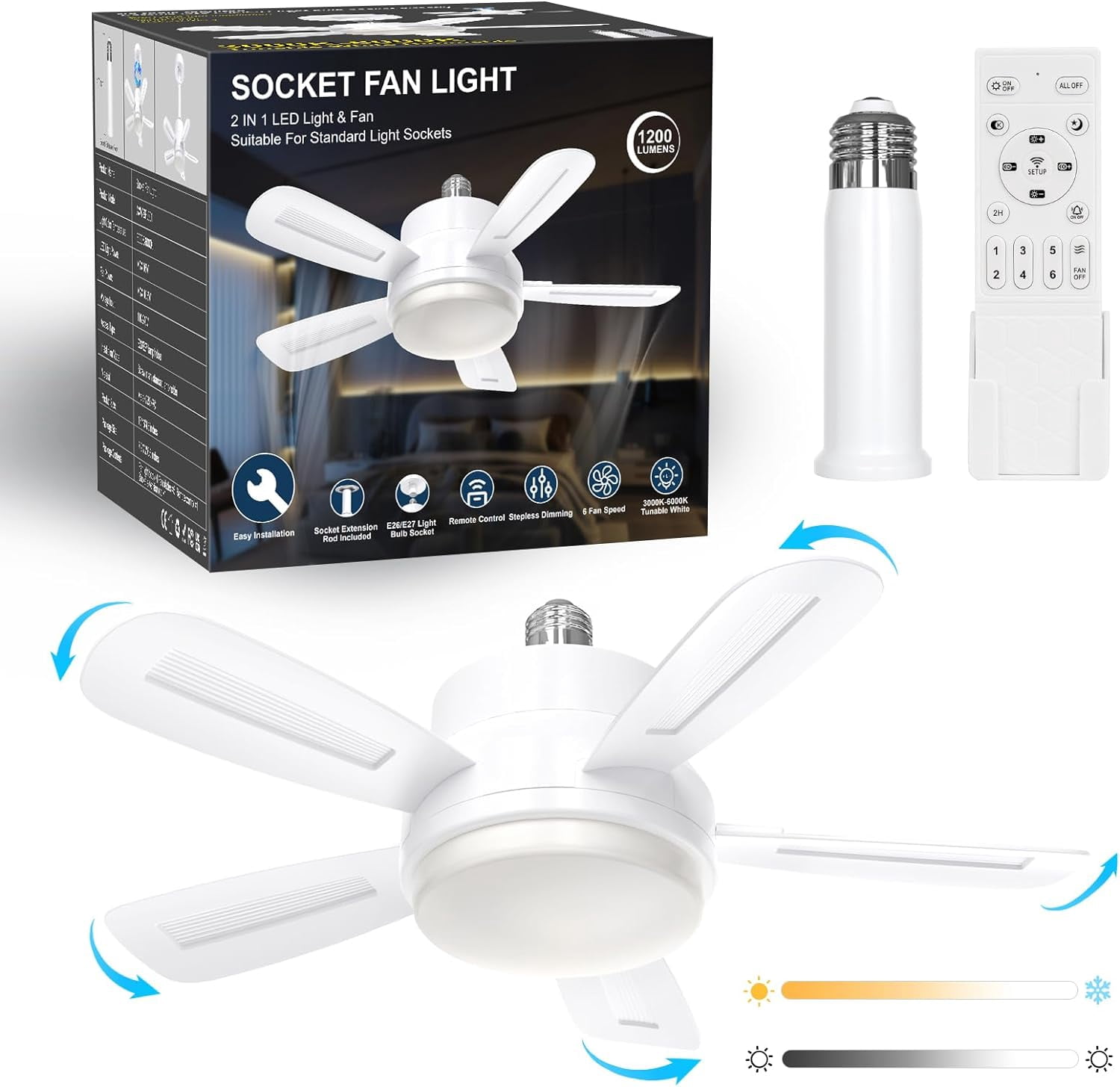 ZhenheSocket Fan Light 6-Speeds 15.7'' E26 Base Screw In Small Ceiling ...