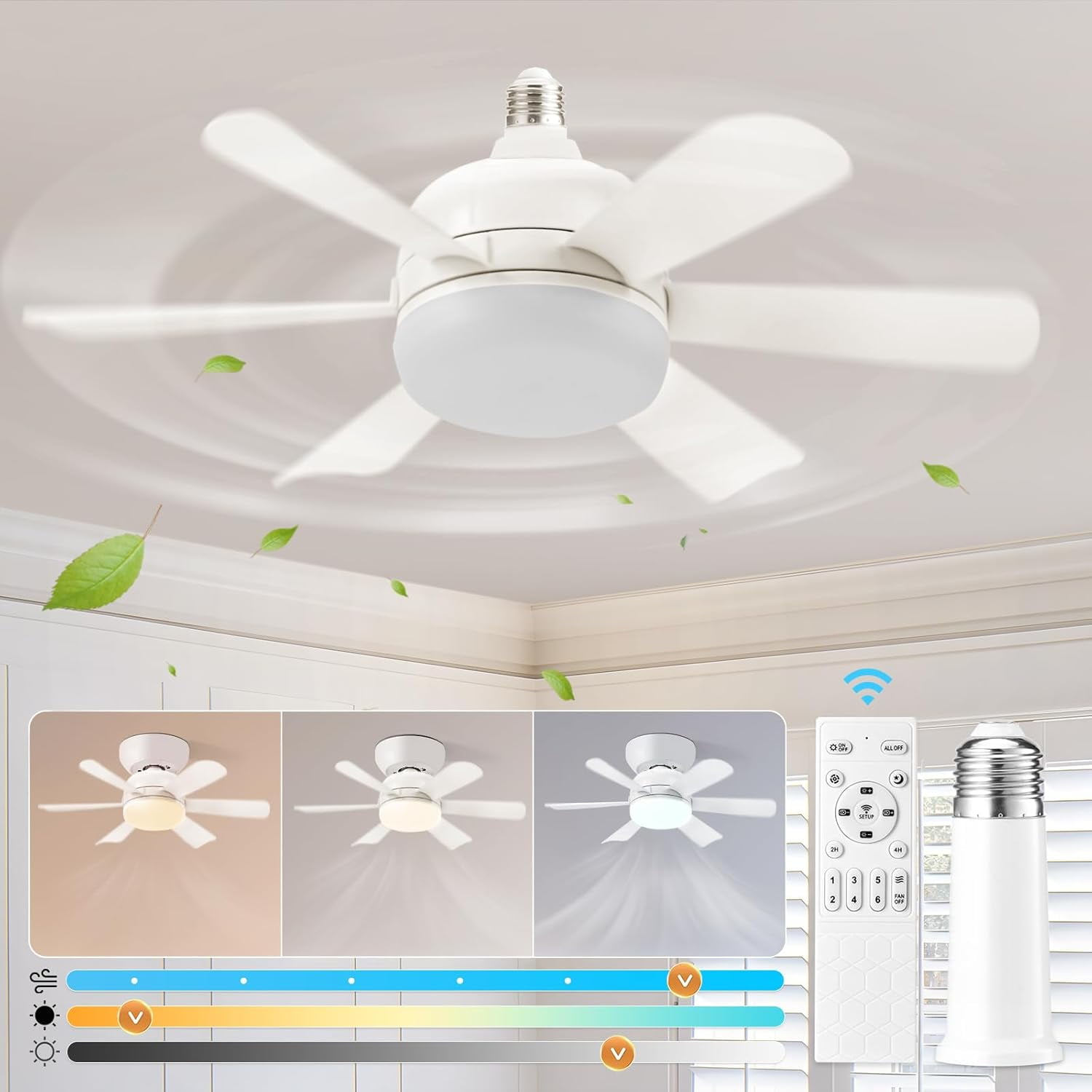 ZhenheSocket Fan Light With Remote, E26 Base 17.7" Small Screw In Ceiling Fans With Lights, 6 ...