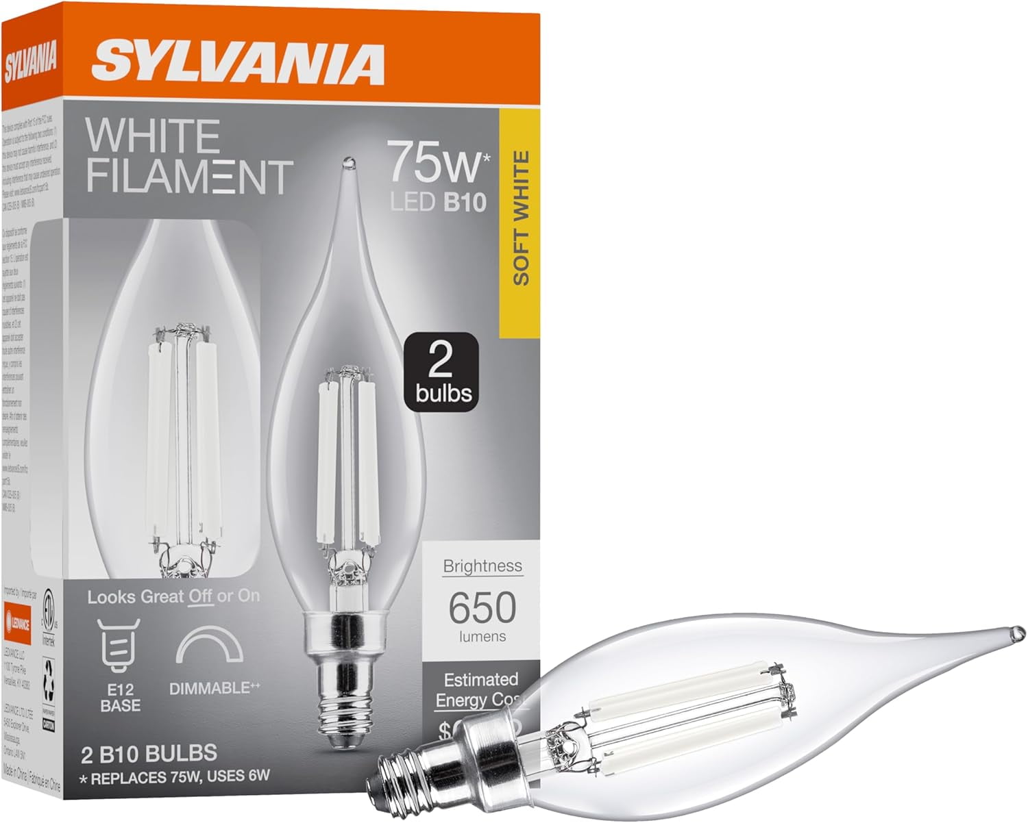 ZhenheSylvania B10 Clear Led White Filament Bulb, 6W, Dimmable, 650 Lms ...