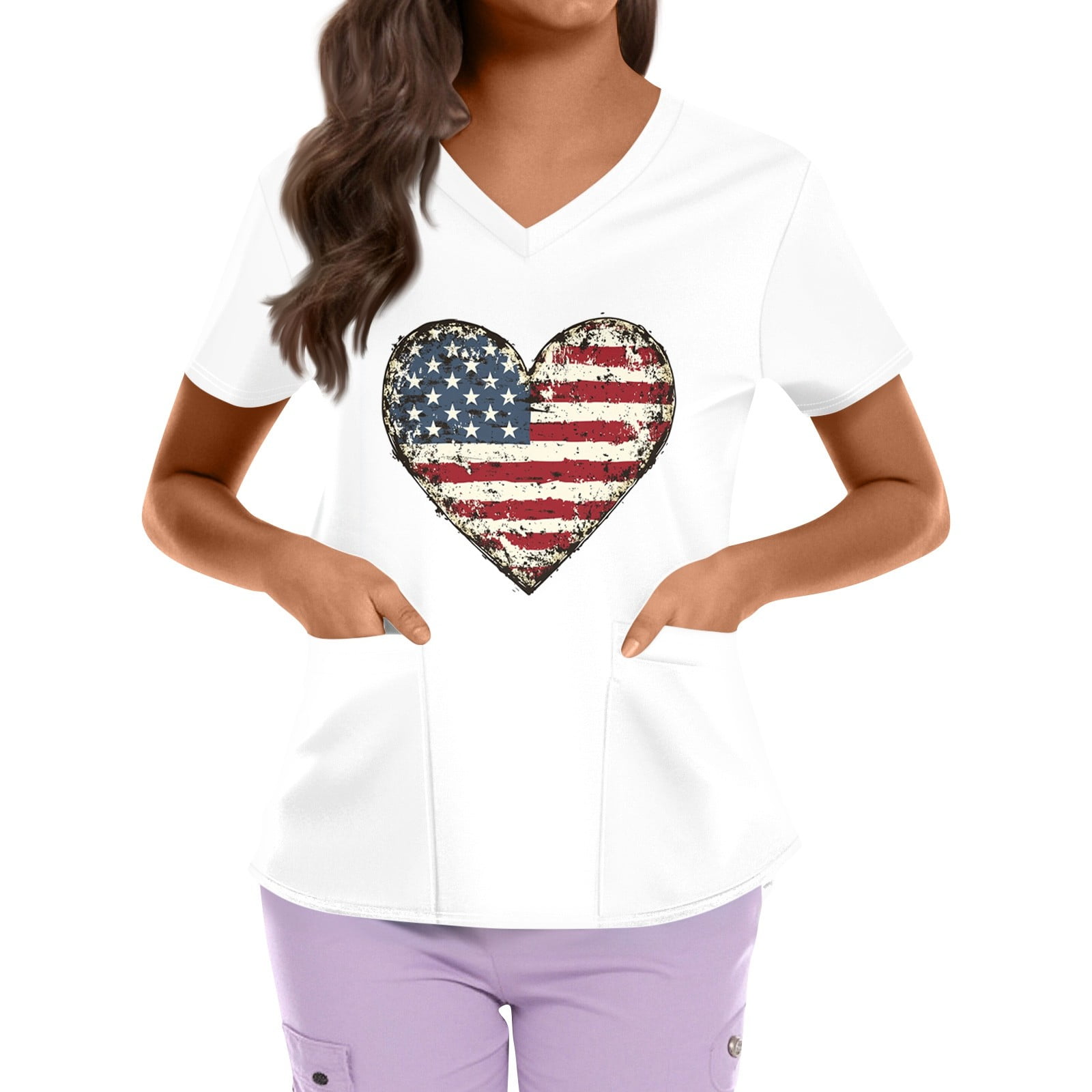 Zhensanguo 4th Of July Scrub Top Independence Day V Neck American Flag ...