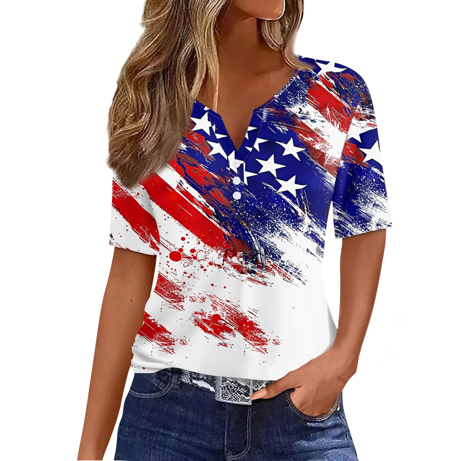 Zhensanguo 4th Of July Shirt Women V Neck Independence Day American Flag Tops Short Sleeve ...