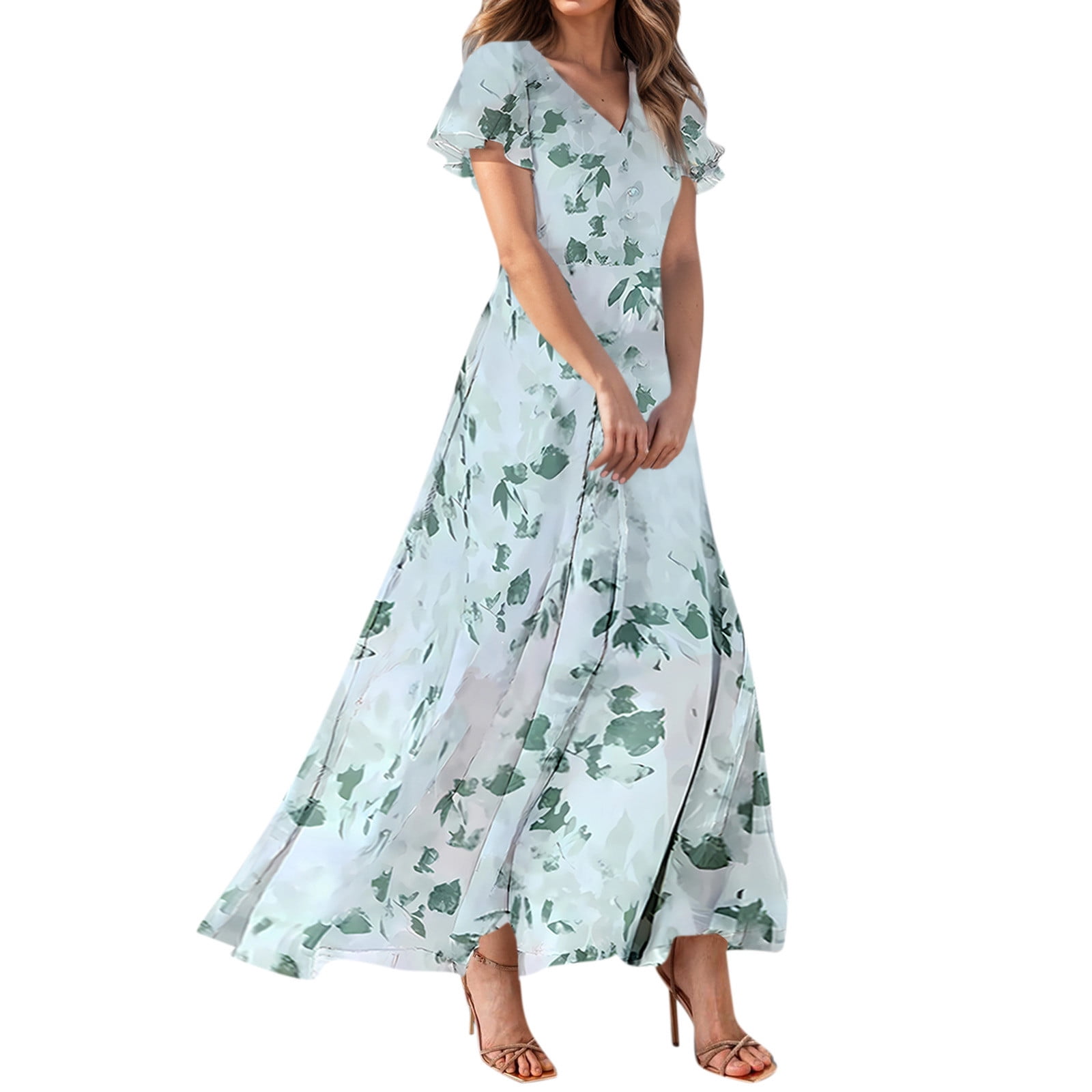 Zhensanguo Chiffon Dress Women V Neck Ruffle Sleeve Floral Dresses Elegant 2025 Boho Wedding ...
