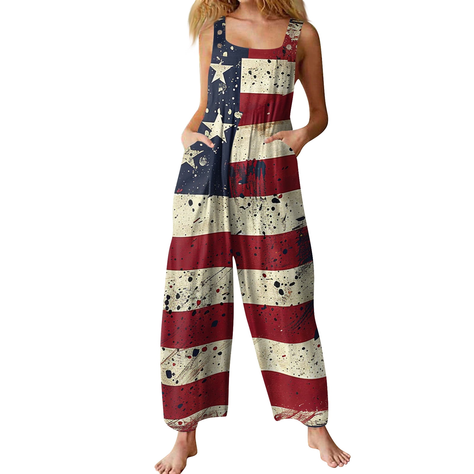 Zhensanguo Patriotic Overalls for Women Red White Blue Stripes ...