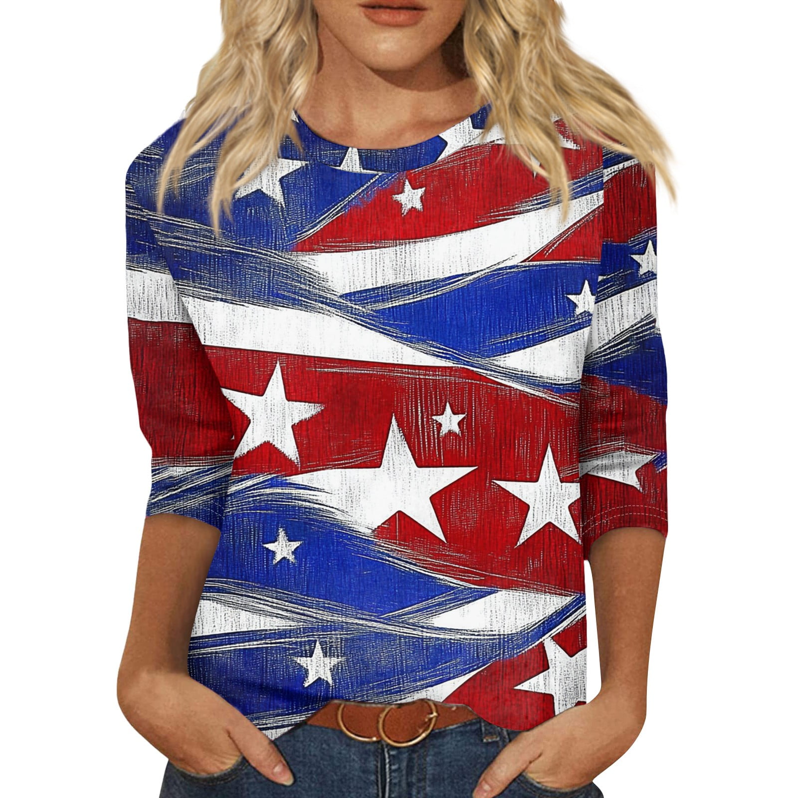 Zhensanguo Patriotic Womens Shirt 3/4 Sleeve 4th Of July American Flag Tops Independence Day ...