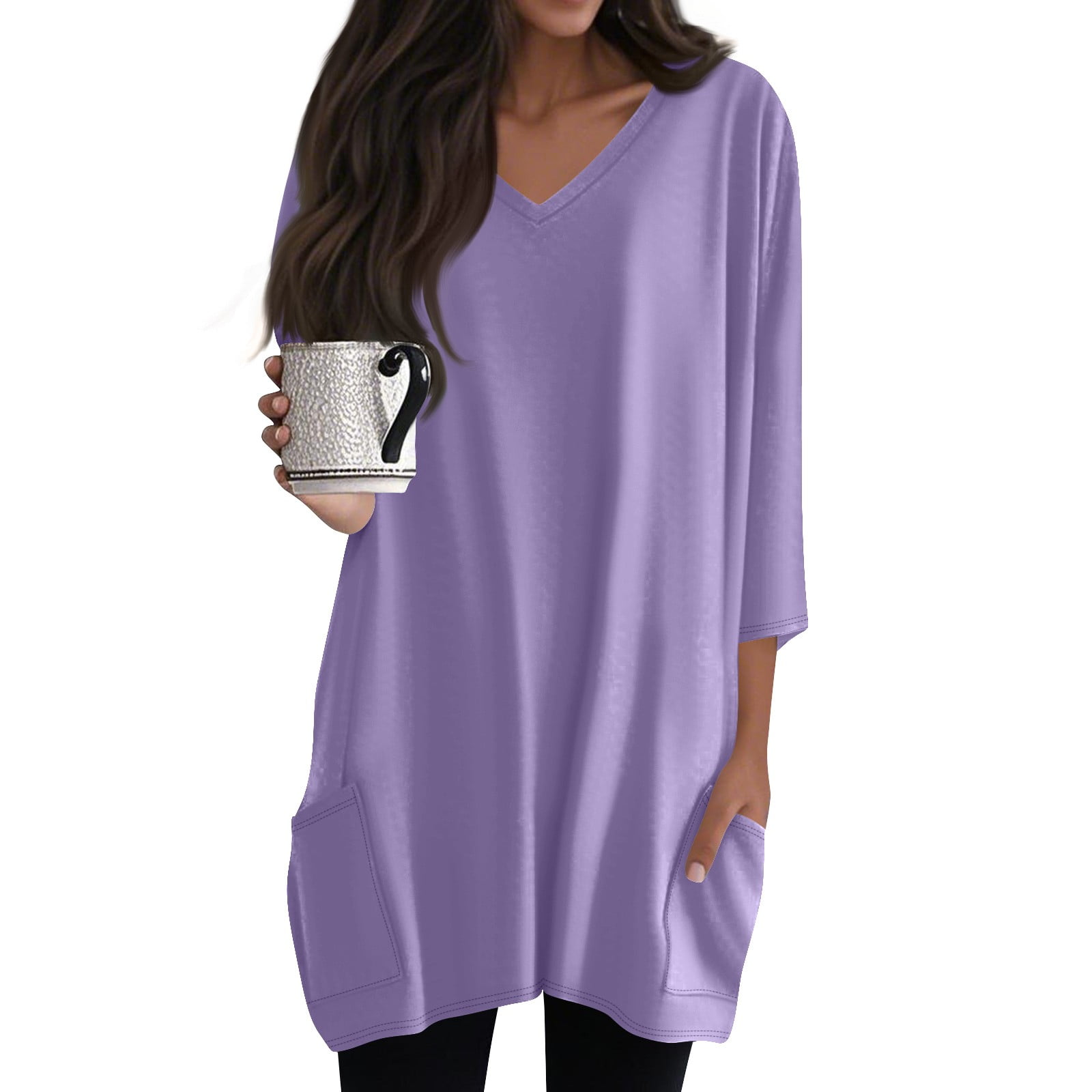 Zhensanguo Plus Size Tunic Tops for Women 3/4 Sleeve Loose V Neck ...