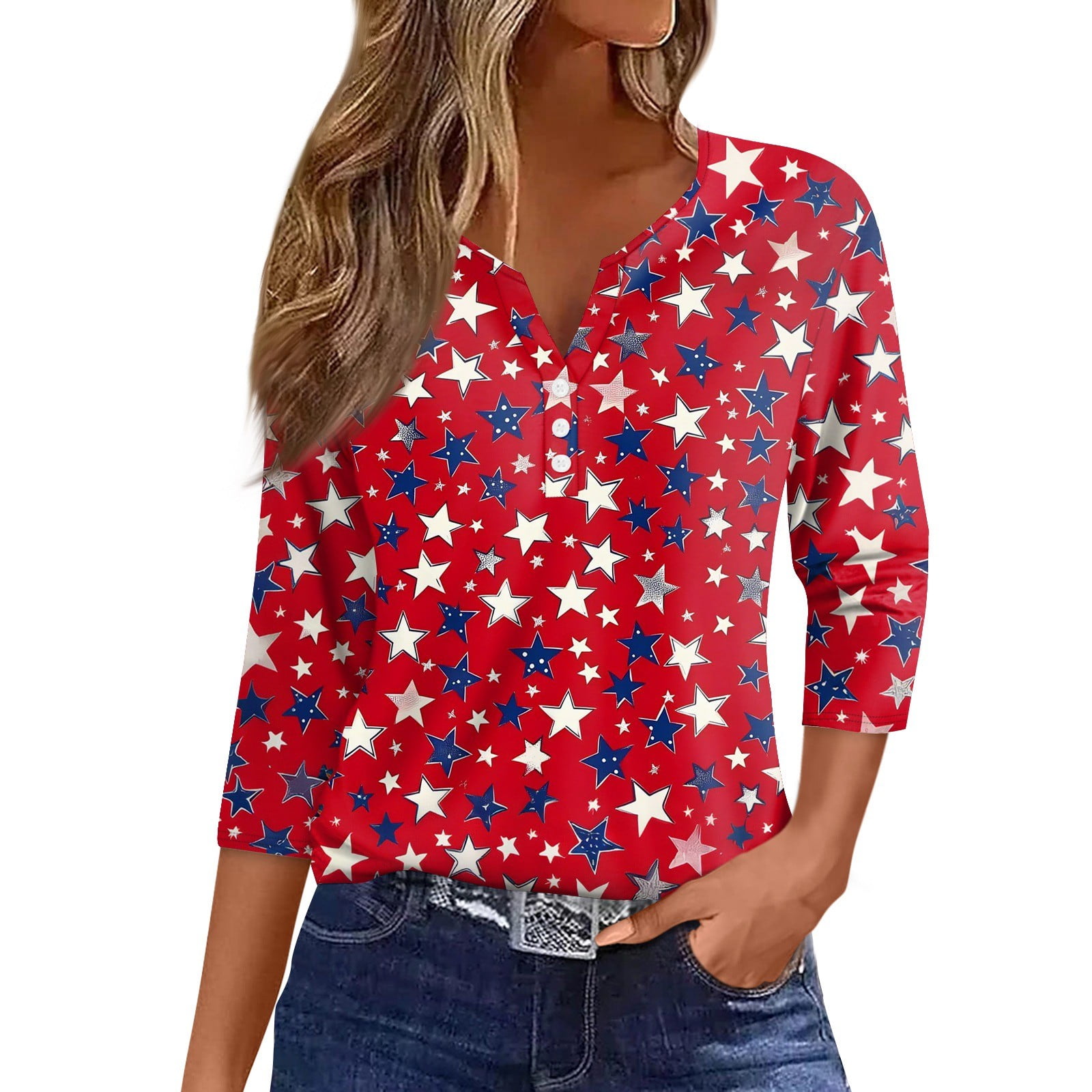 Zhensanguo Red White and Blue Shirts for Women 3/4 Sleeve 4th Of July V ...