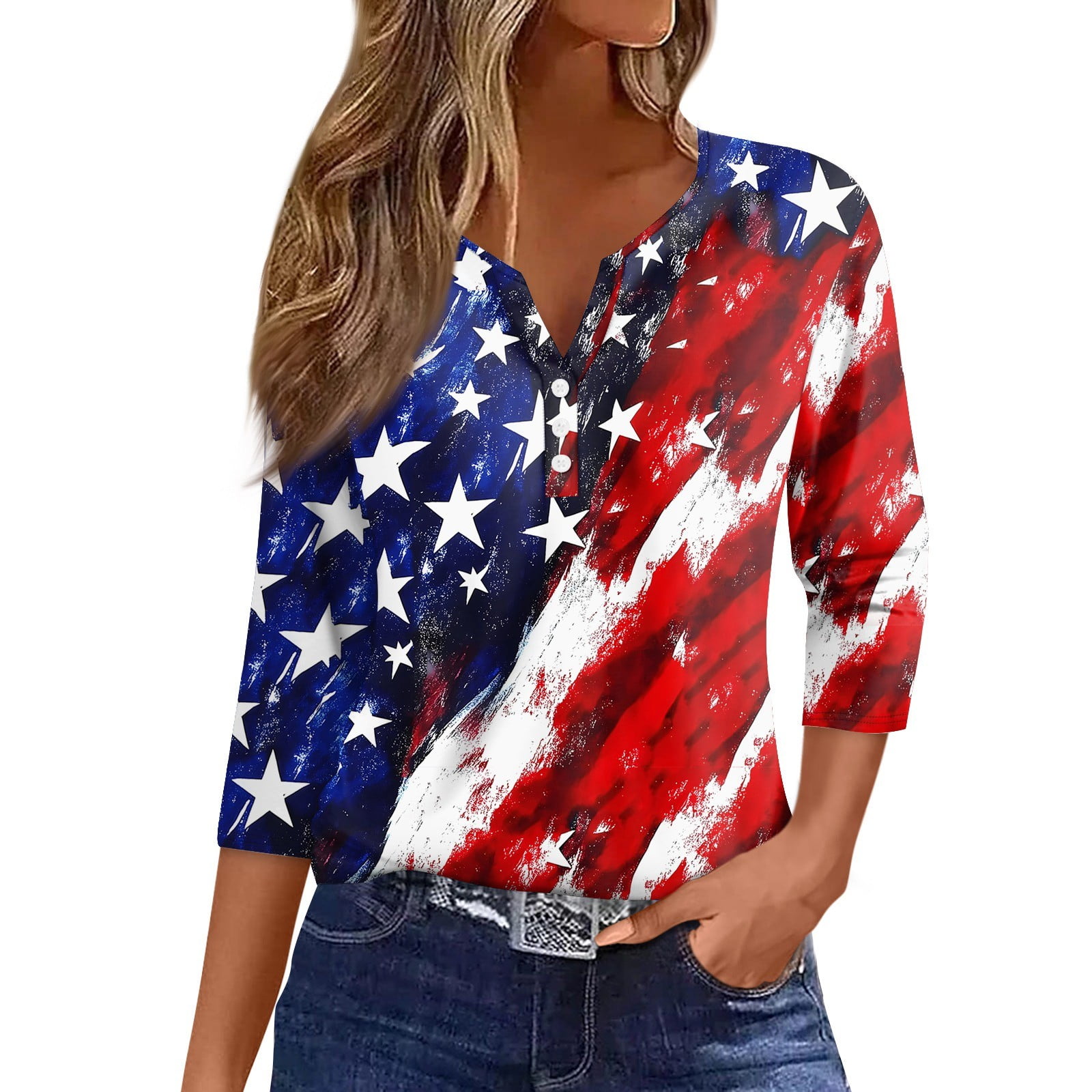 Zhensanguo Red White Blue Shirts for Women 3/4 Sleeve 4th Of July V ...