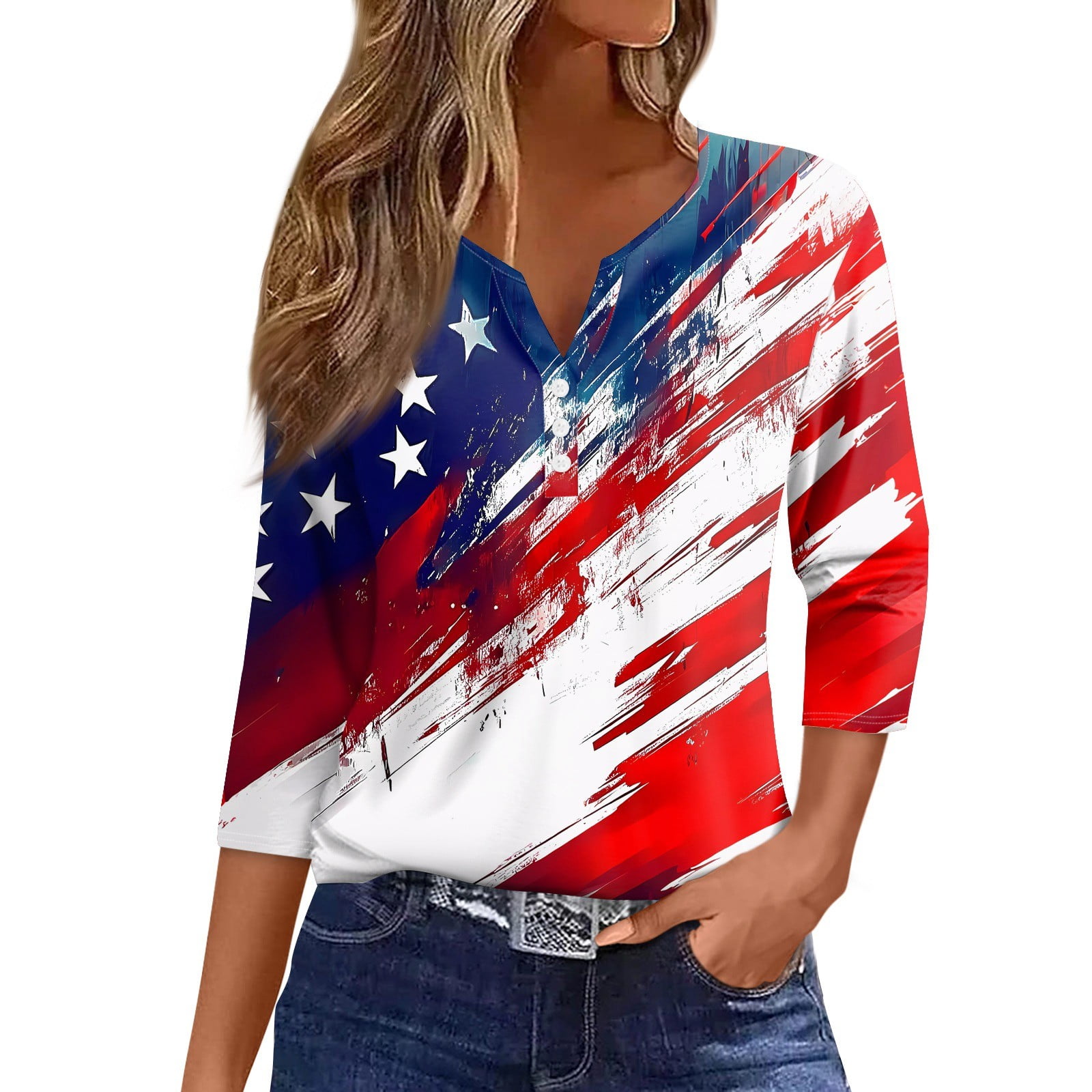 Zhensanguo Red White and Blue Shirts for Women 3/4 Sleeve 4th Of July V ...