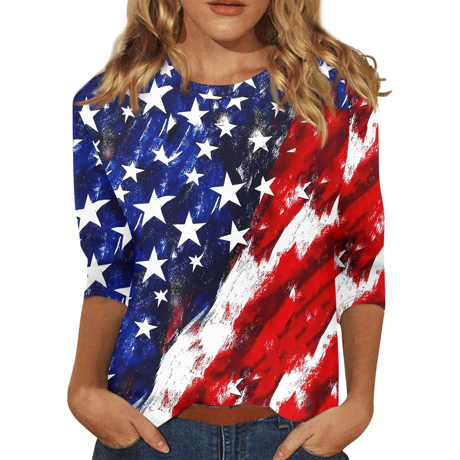 Zhensanguo Women 4th Of July Shirt 3/4 Sleeve Patriotic Stars Stripes Blouses Independence Day ...