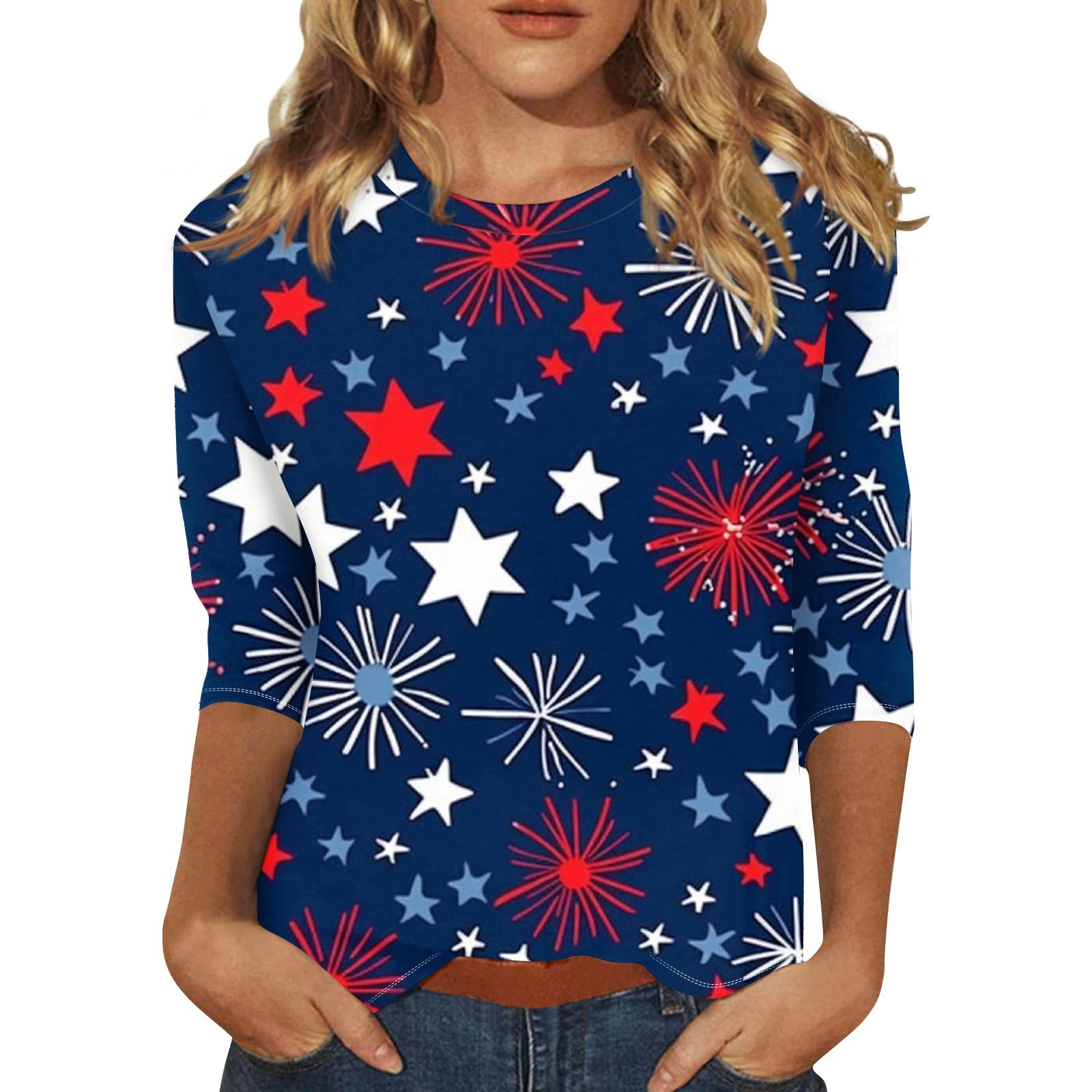 Zhensanguo Women 4th Of July Tops 3/4 Sleeve Patriotic Stars Stripes Blouses Independence Day ...