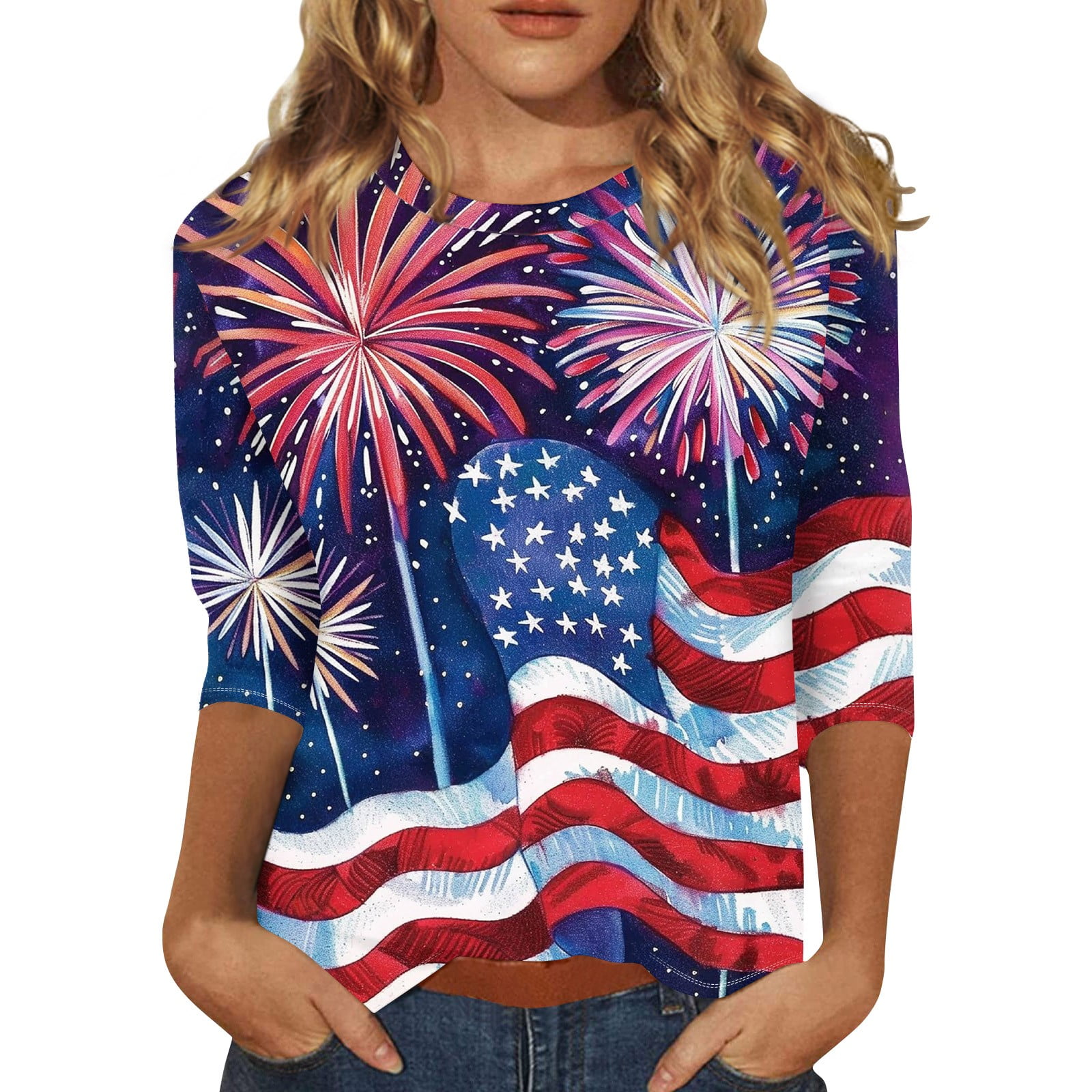 Zhensanguo Women Patriotic Blouse 3/4 Sleeve Independence Day Stars Stripes T Shirt 4th Of July ...