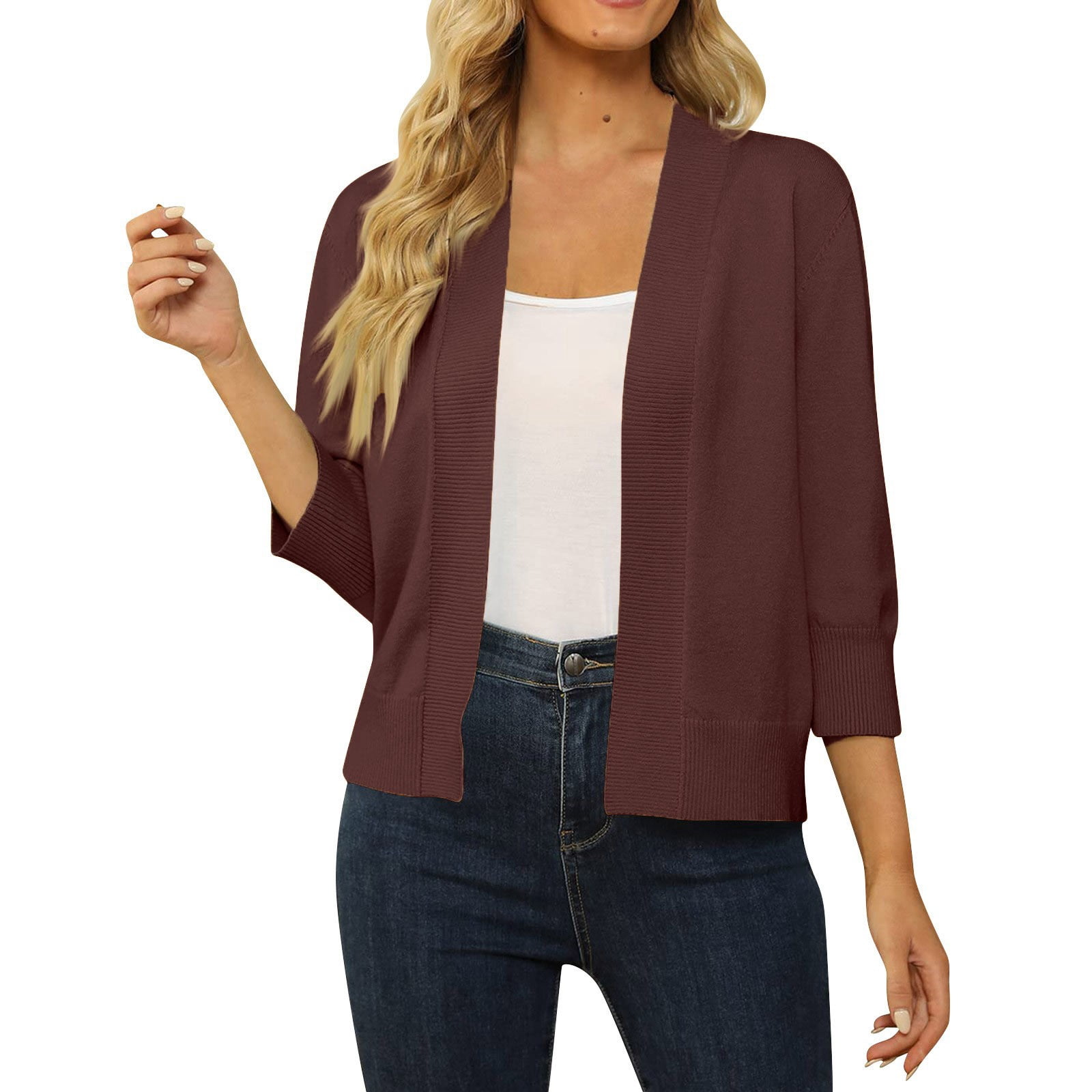 Zhensanguo Women's 3/4 Sleeve Cropped Cardigan Sweater Open Front Short ...