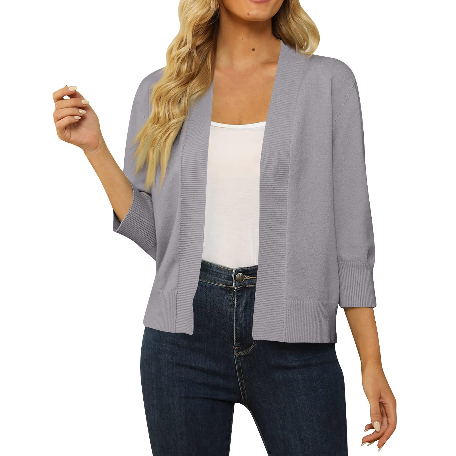 Zhensanguo Women's 3/4 Sleeve Cropped Cardigan Sweater Open Front Short ...